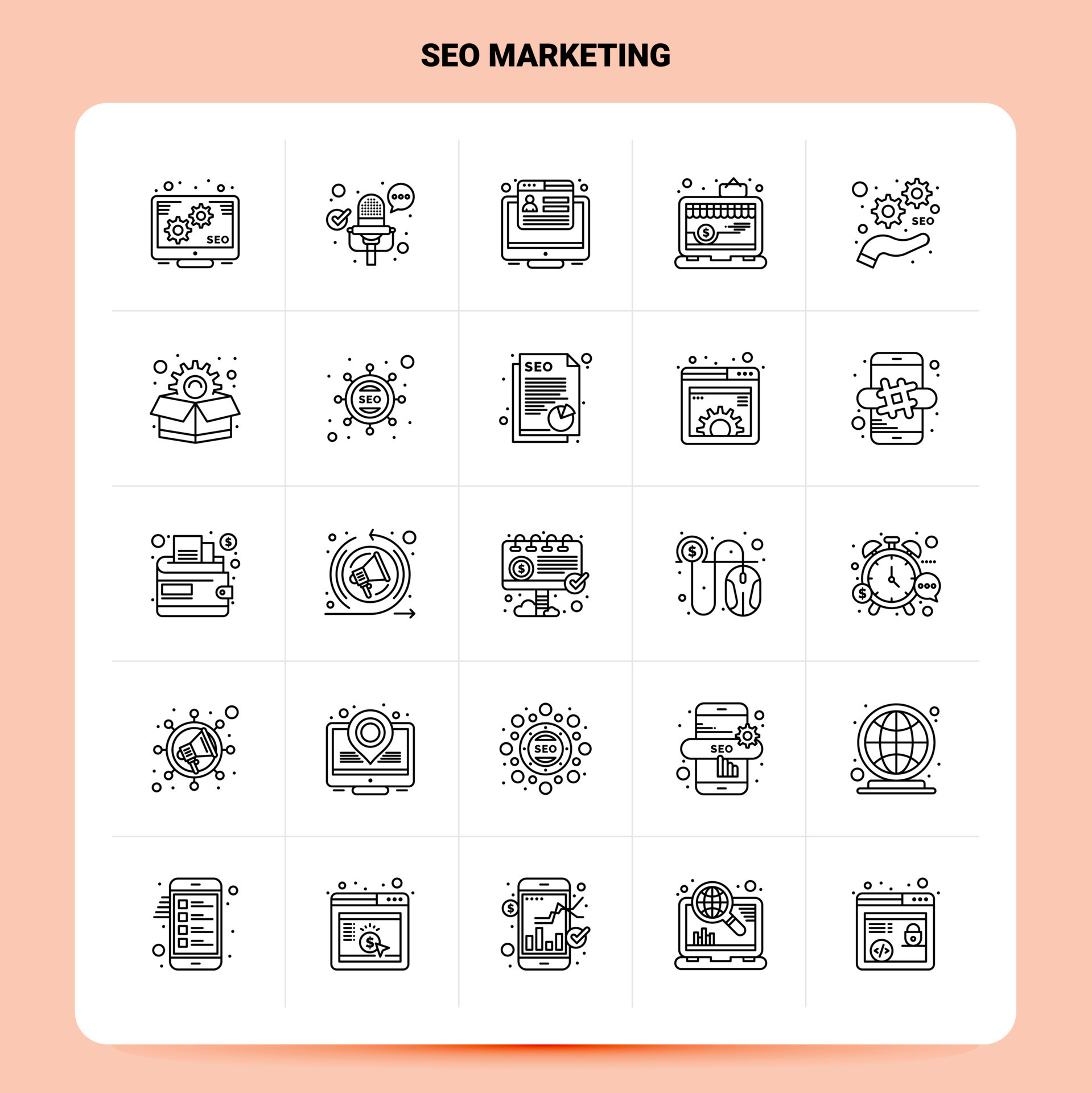 Outline 25 Seo Marketing Icon Set Vector Line Style Design Black Icons Set Linear Pictogram Pack