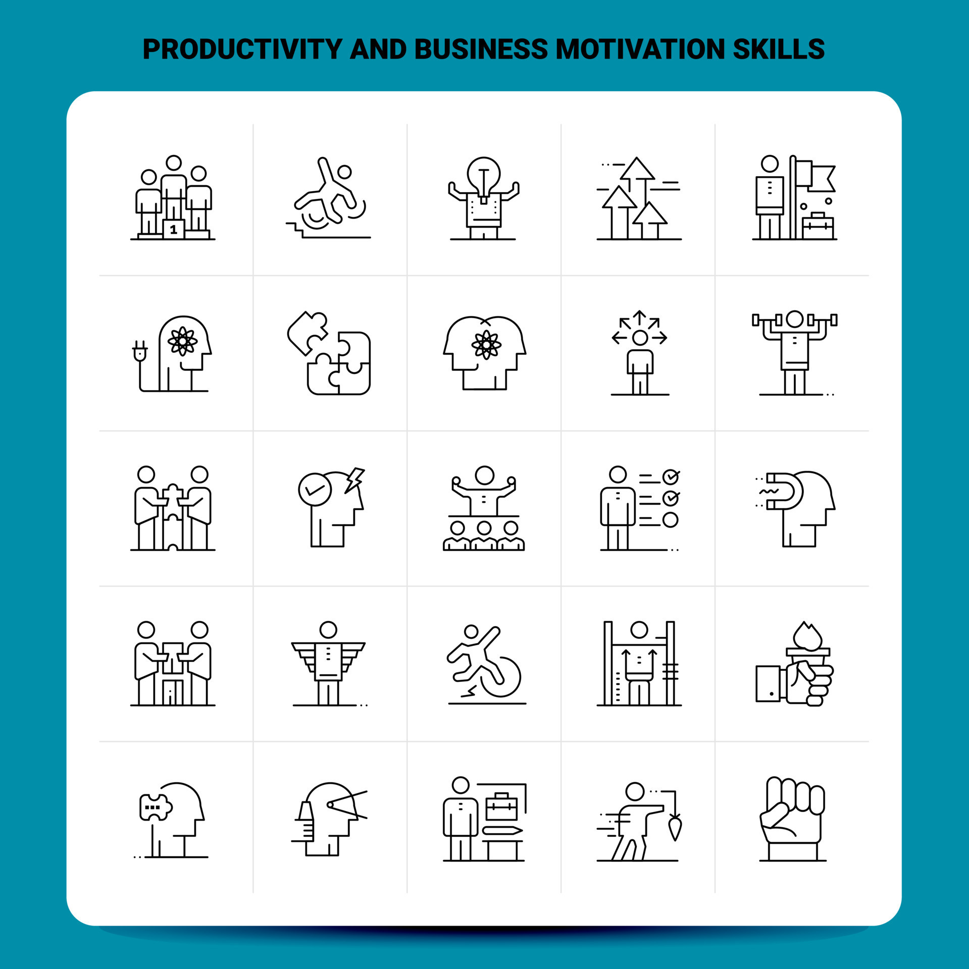 Outline 25 Productivity And Business Motivation Skills Icon Set Vector Line Style Design Black