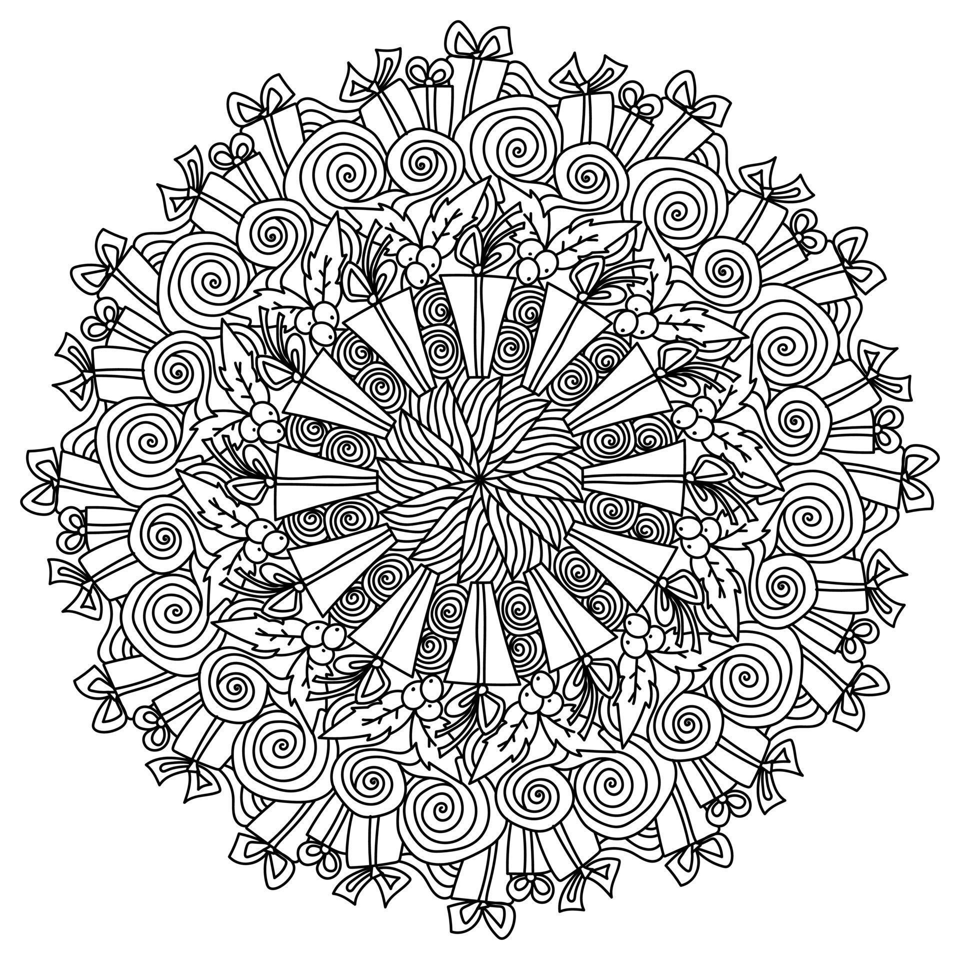Christmas outline mandala, holiday coloring page with Xmas attributes ...