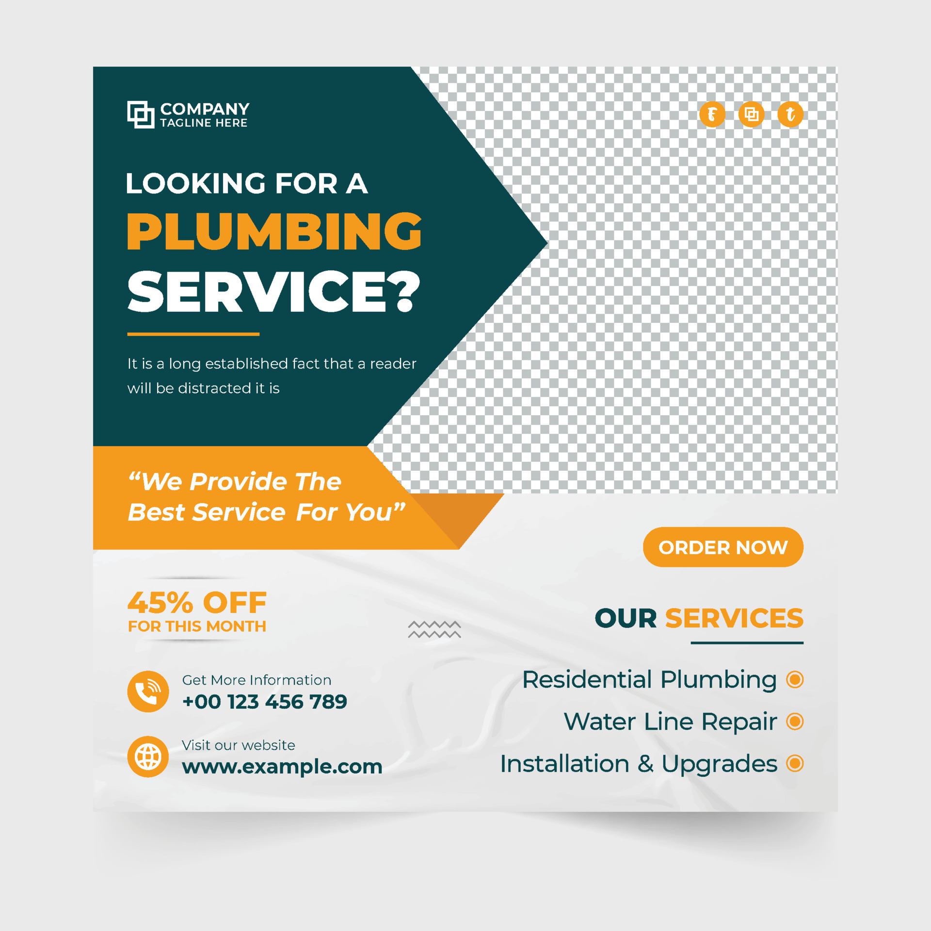 Plumbing service commercial poster design with creative shapes. Professional handyman hiring ...