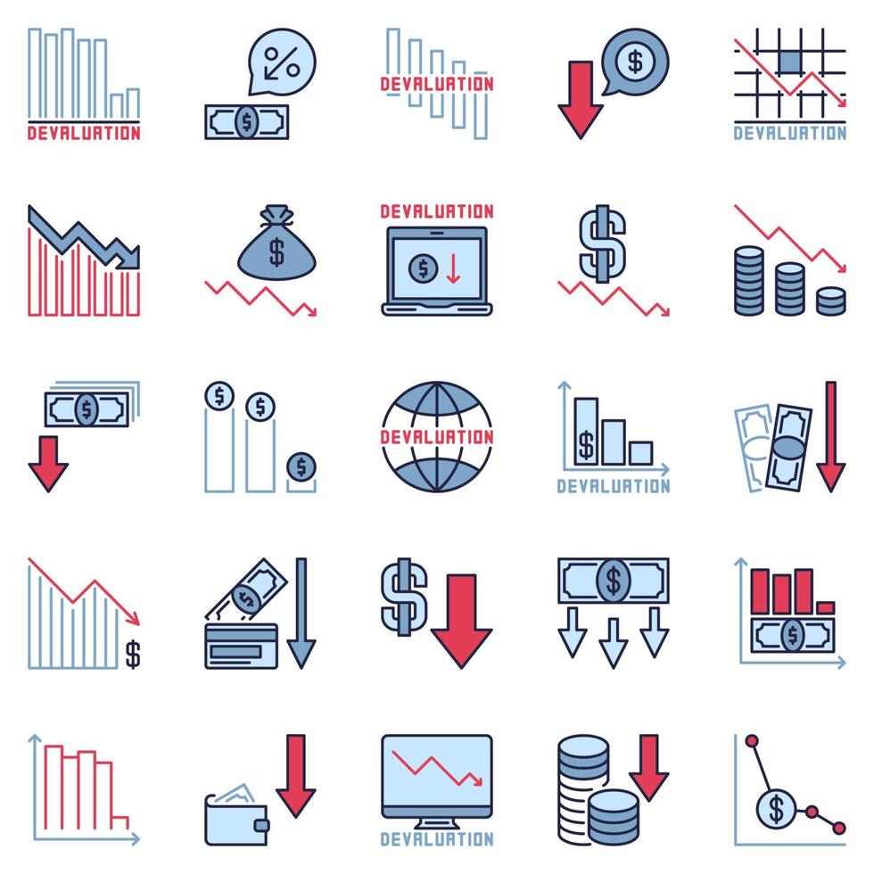 Devaluation colored icons. Vector set of Currency Depreciation signs ... Devaluation colored icons. Vector set of Currency Depreciation signs ...