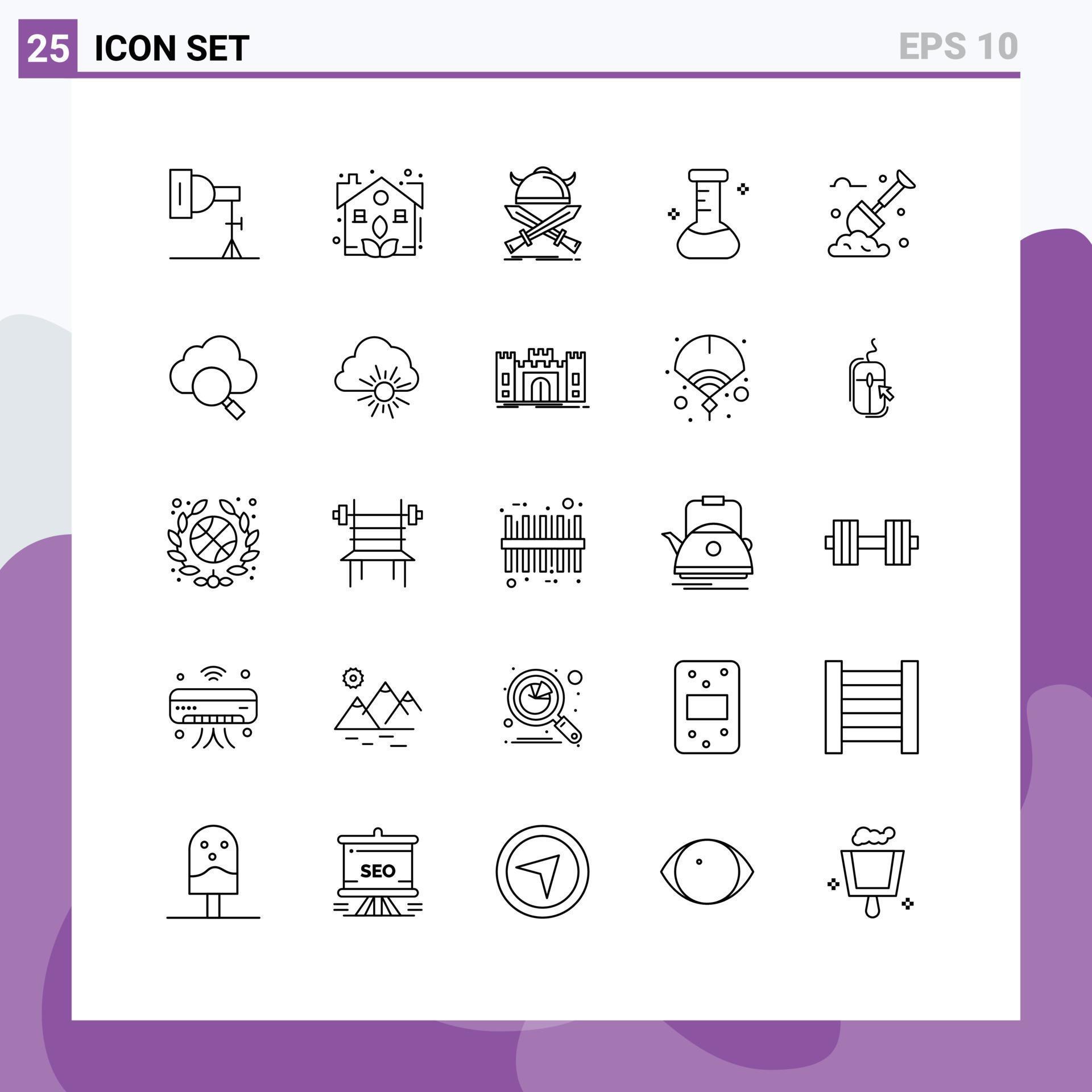 Set Of 25 Vector Lines On Grid For Gardening Laboratory Battle Flask Swords Editable Vector