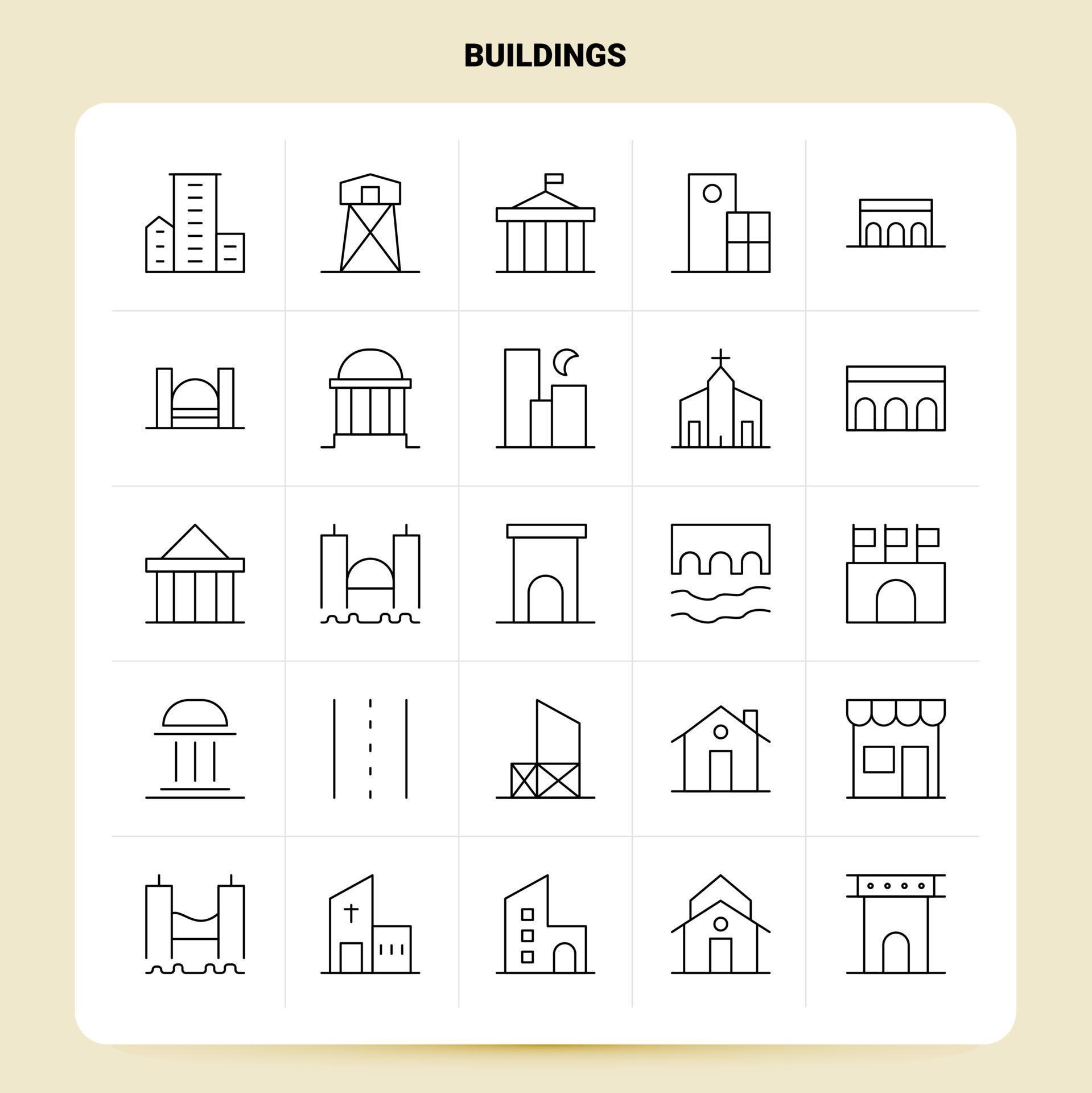 Outline 25 Buildings Icon Set Vector Line Style Design Black Icons Set