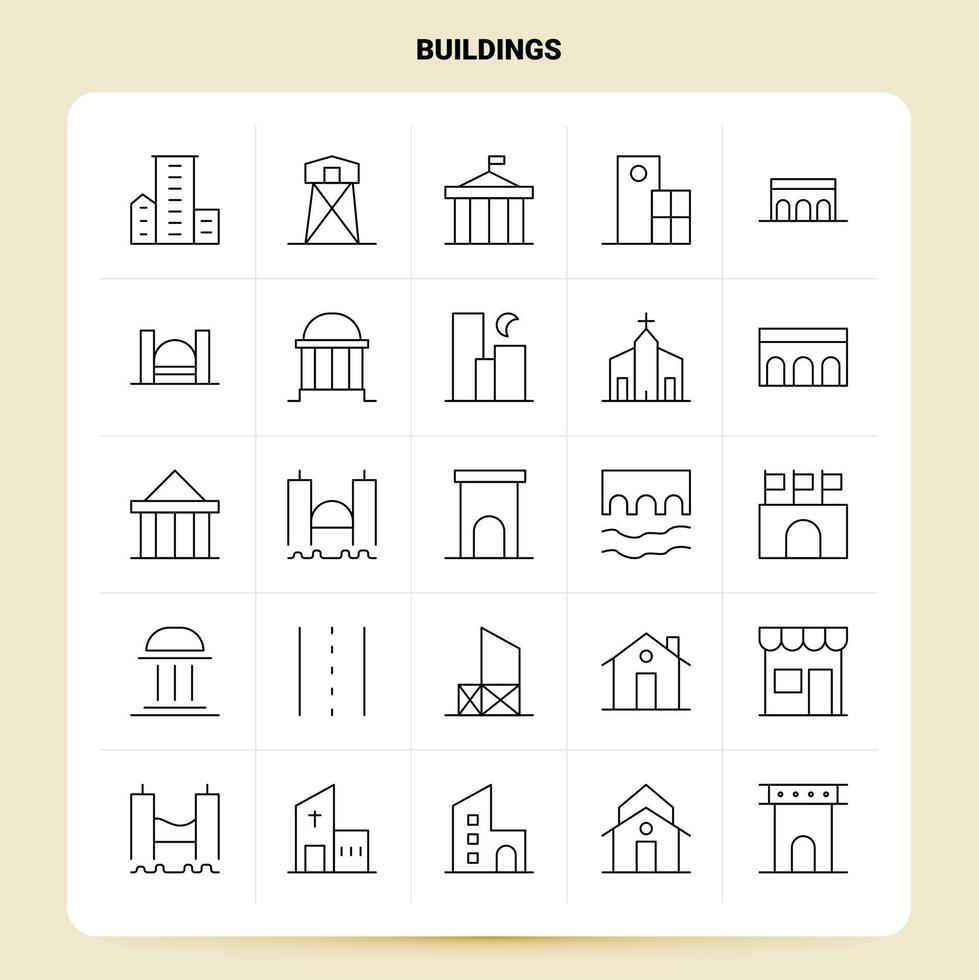 Outline 25 Buildings Icon Set Vector Line Style Design Black Icons Set