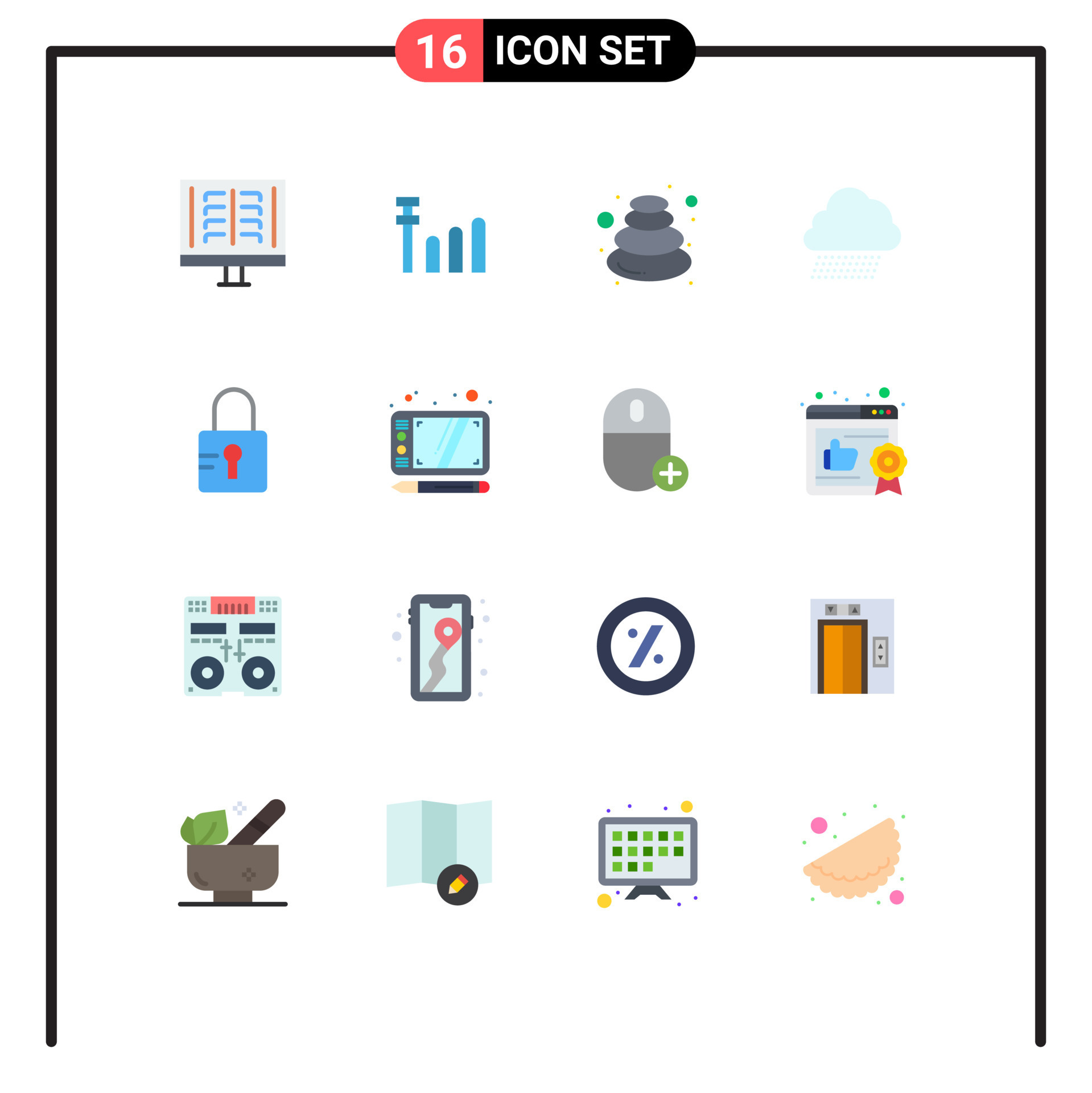 Editable Vector Line Pack Of 16 Simple Flat Colors Of Locked Spring Massage Nature Sky Rain