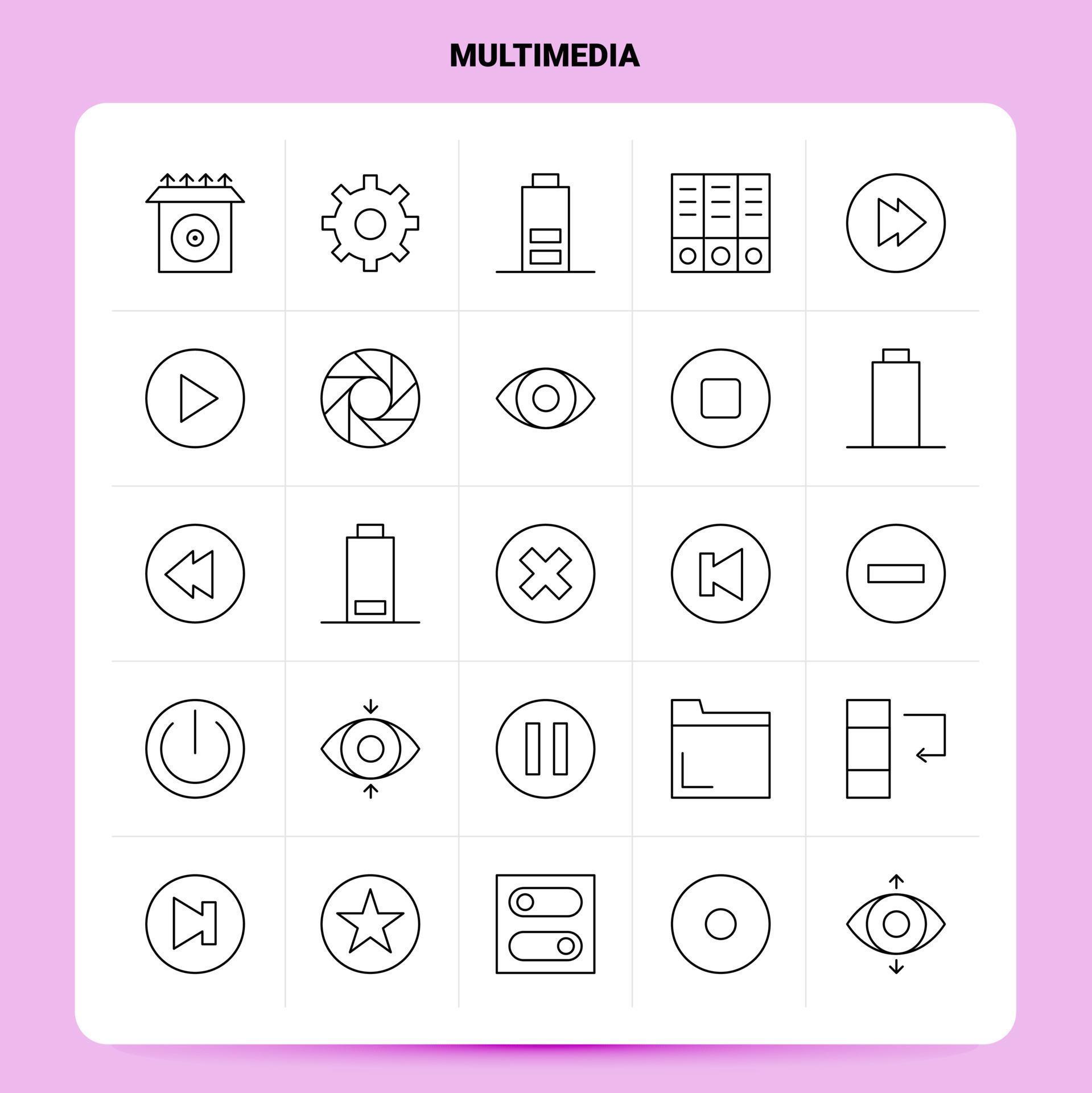 Outline 25 Multimedia Icon Set Vector Line Style Design Black Icons Set