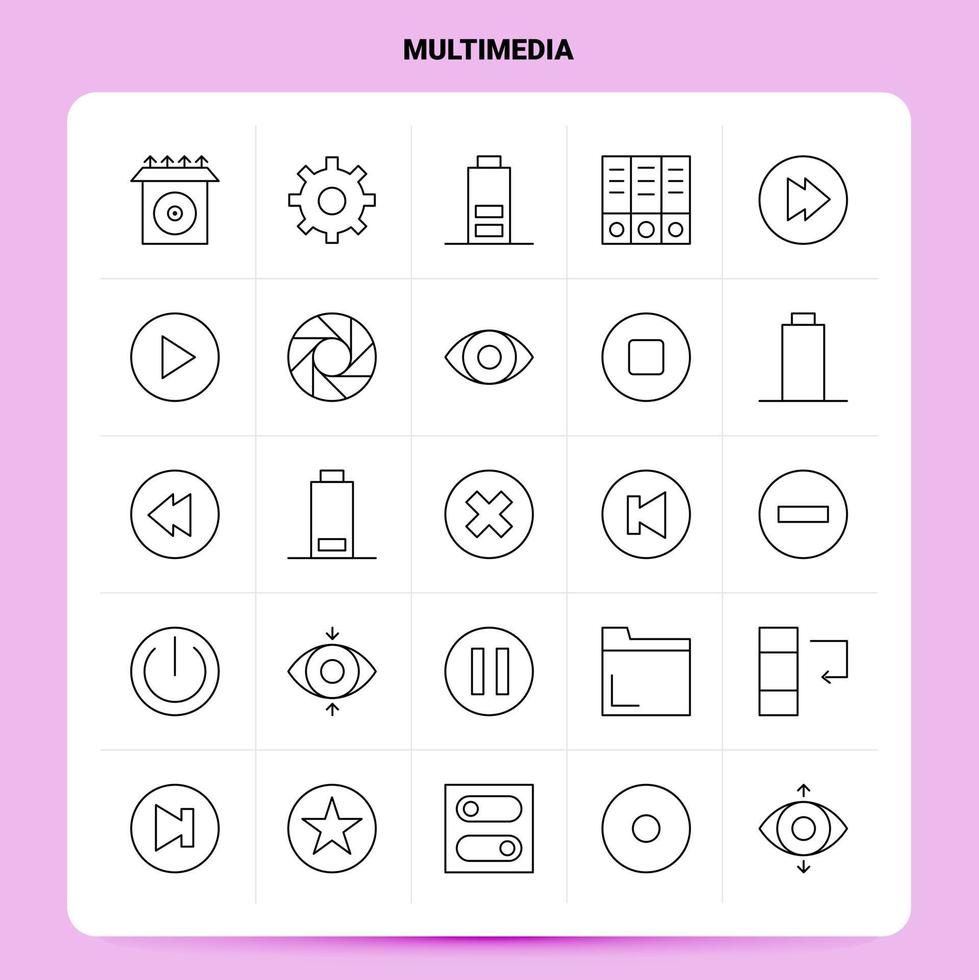 OutLine 25 Multimedia Icon set Vector Line Style Design Black Icons Set Linear pictogram pack ...
