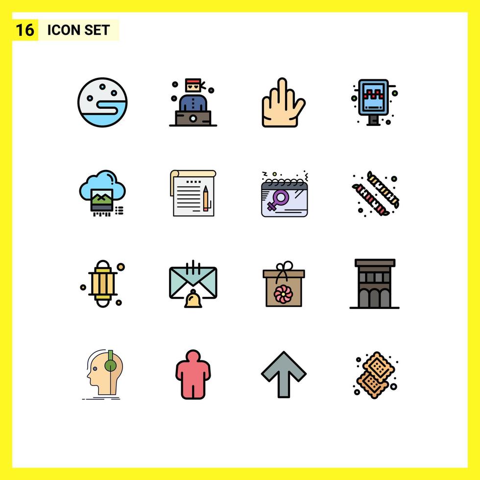 Mobile Interface Flat Color Filled Line Set Of 16 Pictograms Of Cloud Hand Photo Station