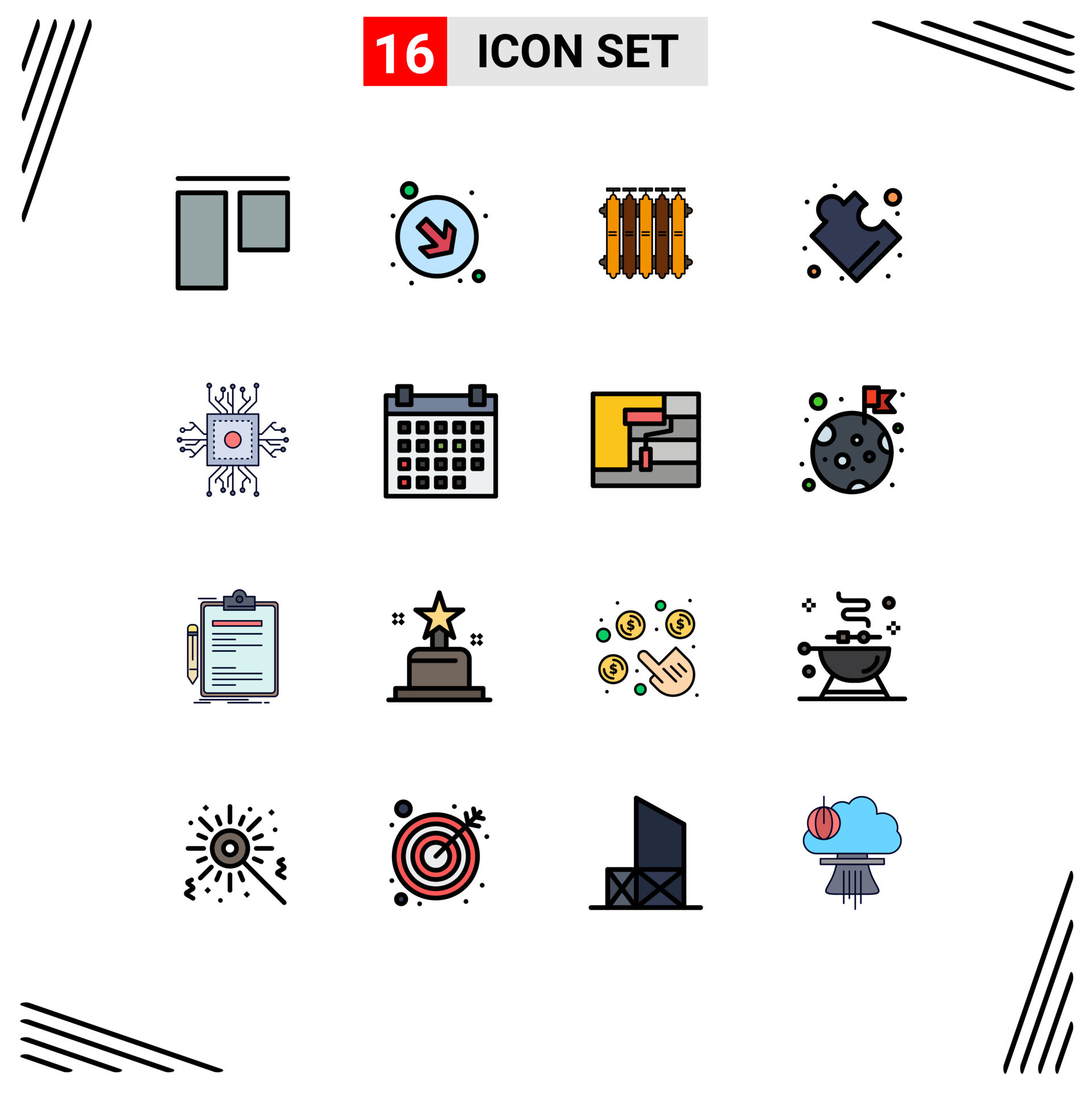 16 Thematic Vector Flat Color Filled Lines And Editable Symbols Of Processor Cpu Battery Chip