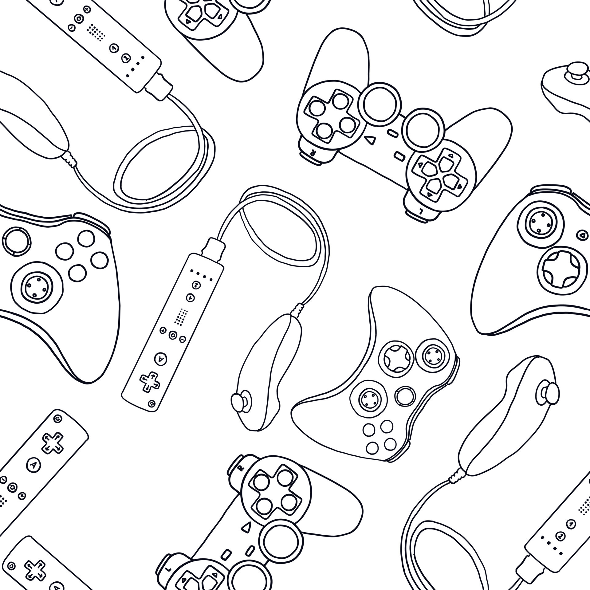 Seamless Pattern Of Game Controllers Vector Illustration In Hand Drawn Outline Flat Style On