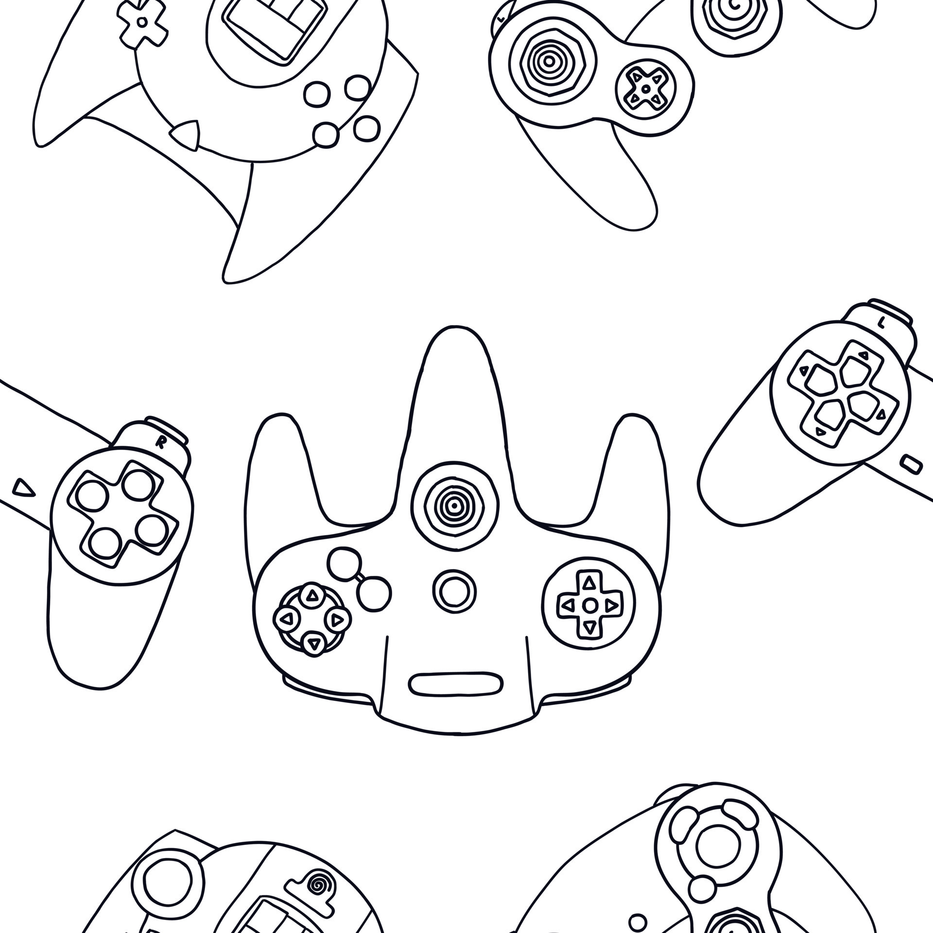 Seamless Pattern Of Game Controllers Vector Illustration In Hand Drawn Outline Flat Style On