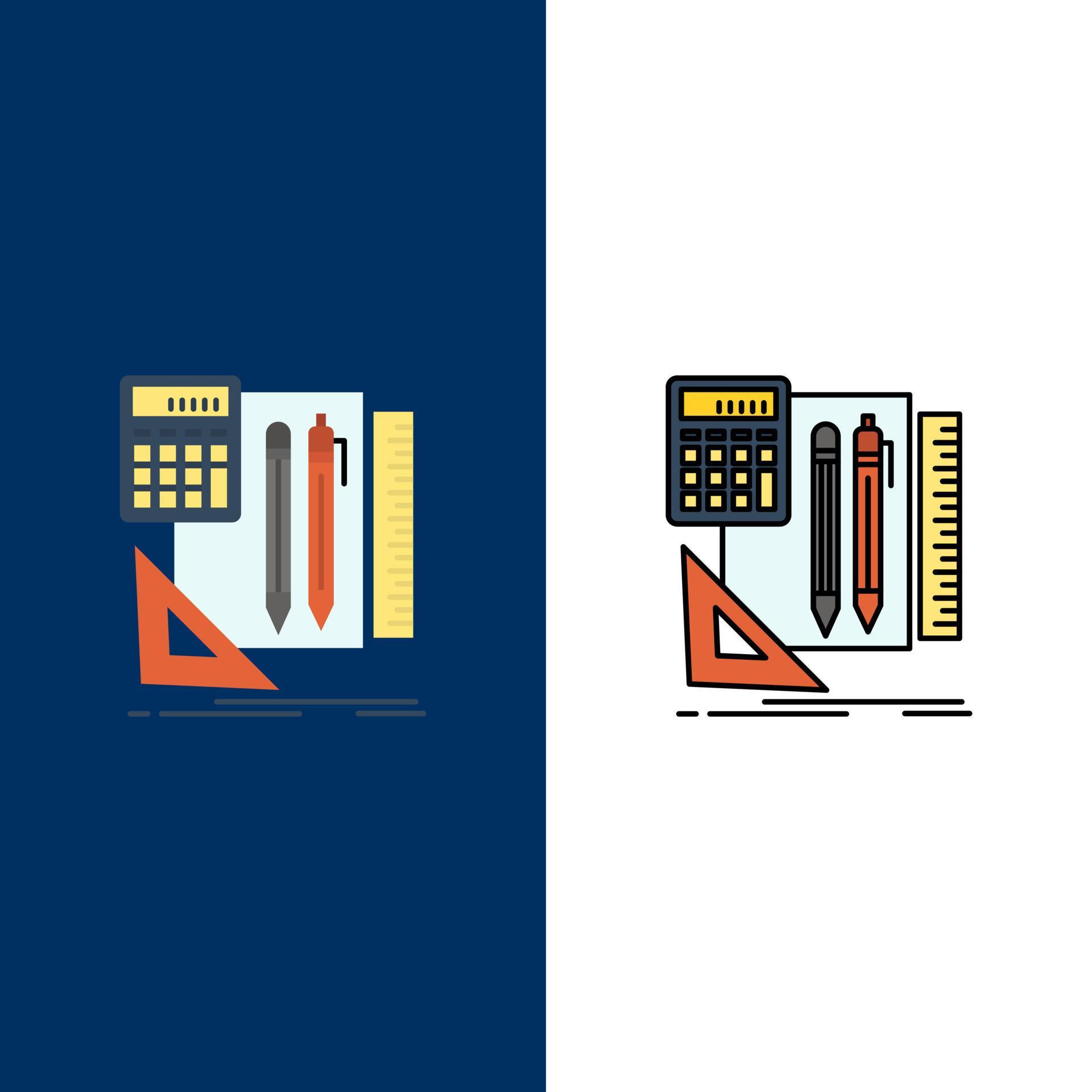 Stationary Book Calculator Pen Icons Flat And Line Filled Icon Set Vector Blue Background