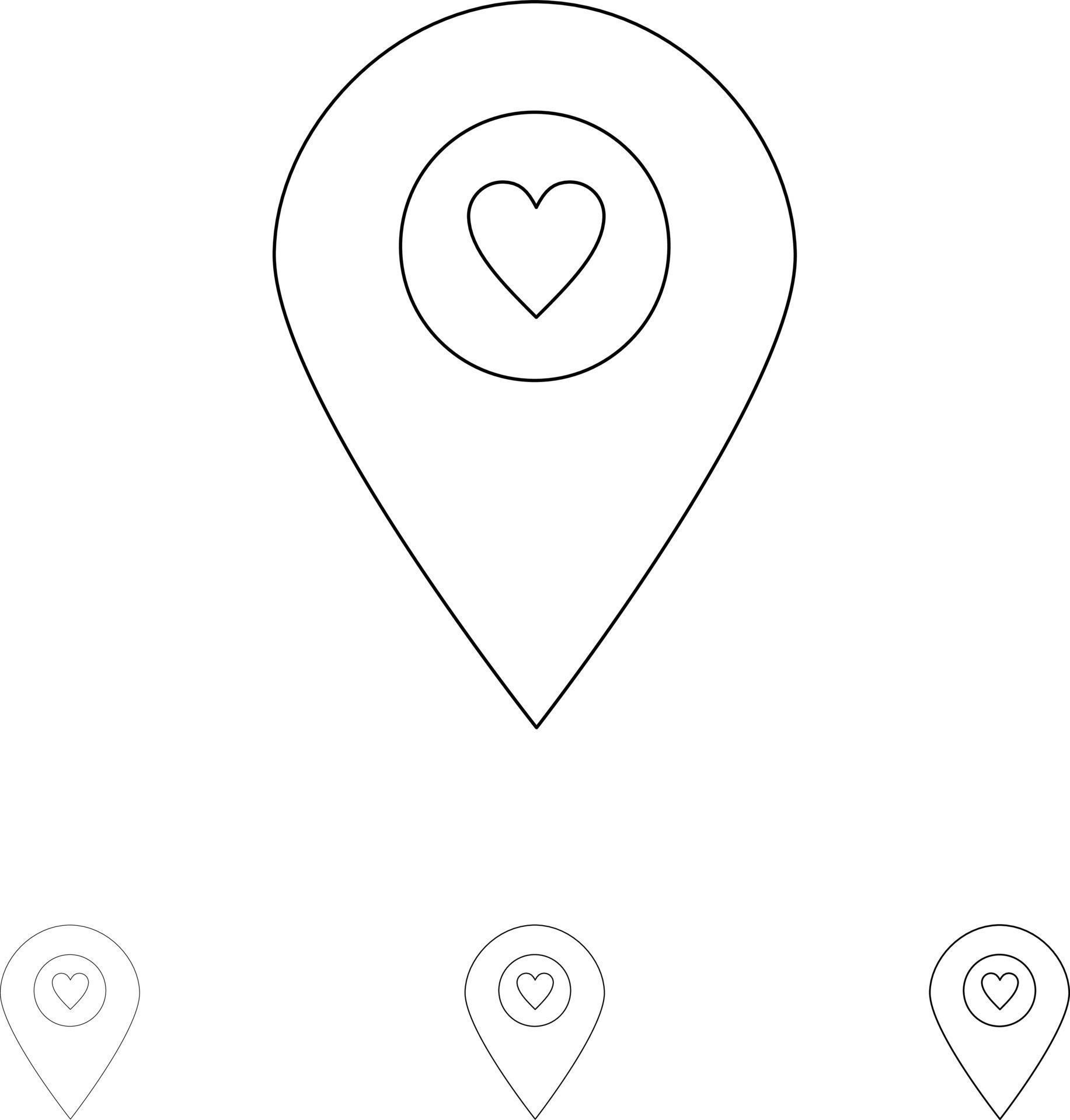 Heart Location Map Pointer Bold And Thin Black Line Icon Set 19175619
