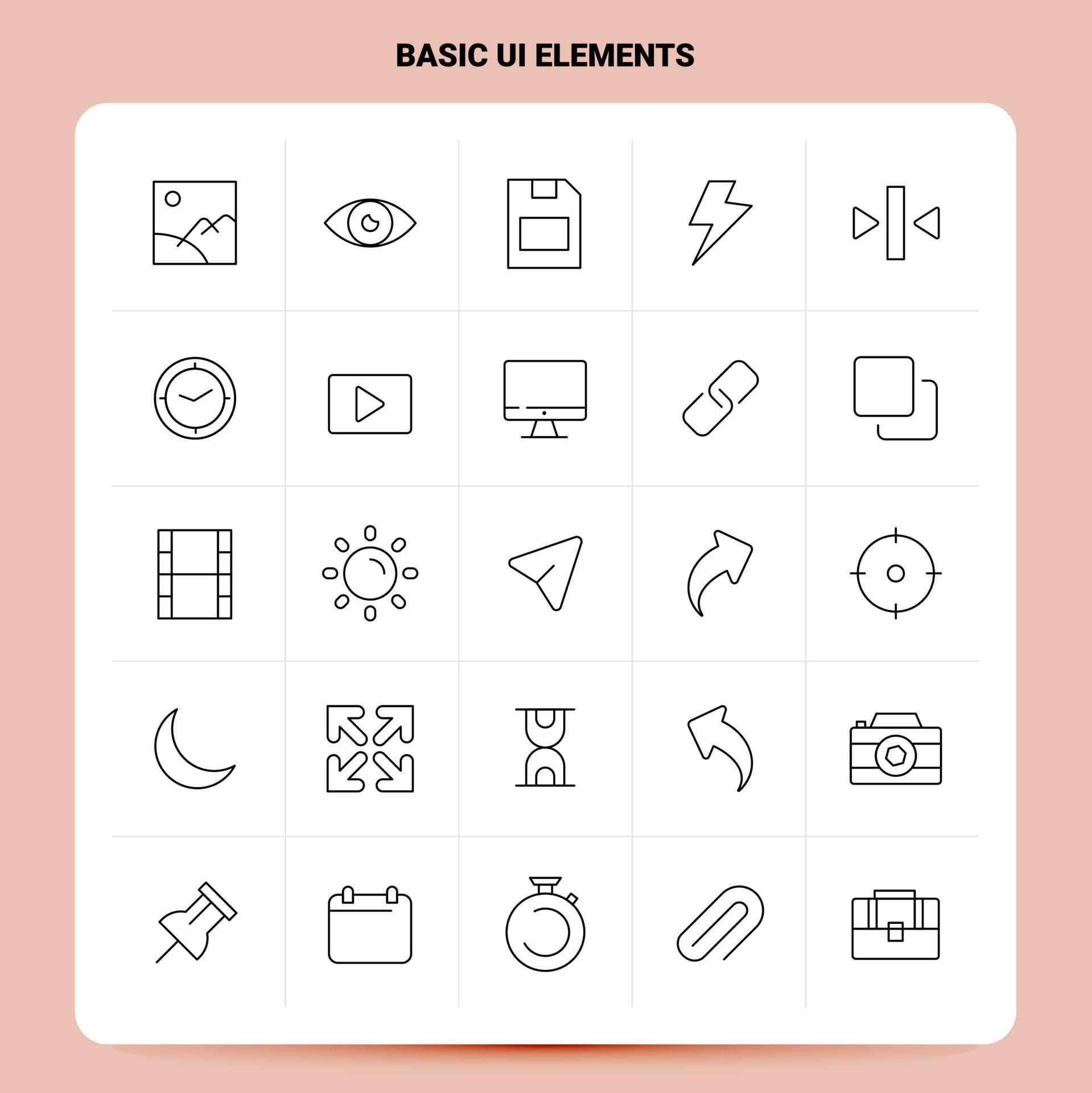 Outline 25 Basic Ui Elements Icon Set Vector Line Style Design Black Icons Set Linear Pictogram