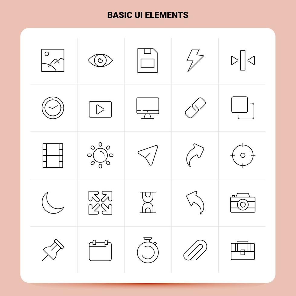 Outline 25 Basic Ui Elements Icon Set Vector Line Style Design Black