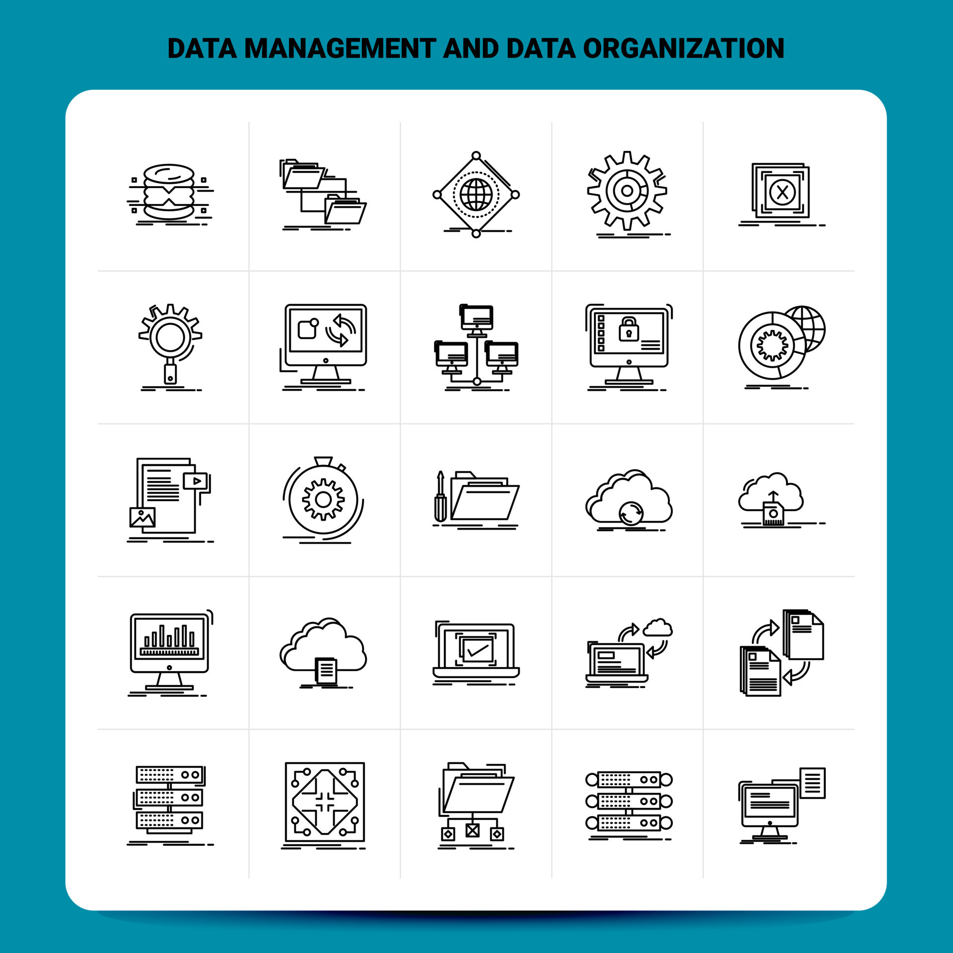 Outline 25 Data Management And Data Organization Icon Set Vector Line Style Design Black Icons