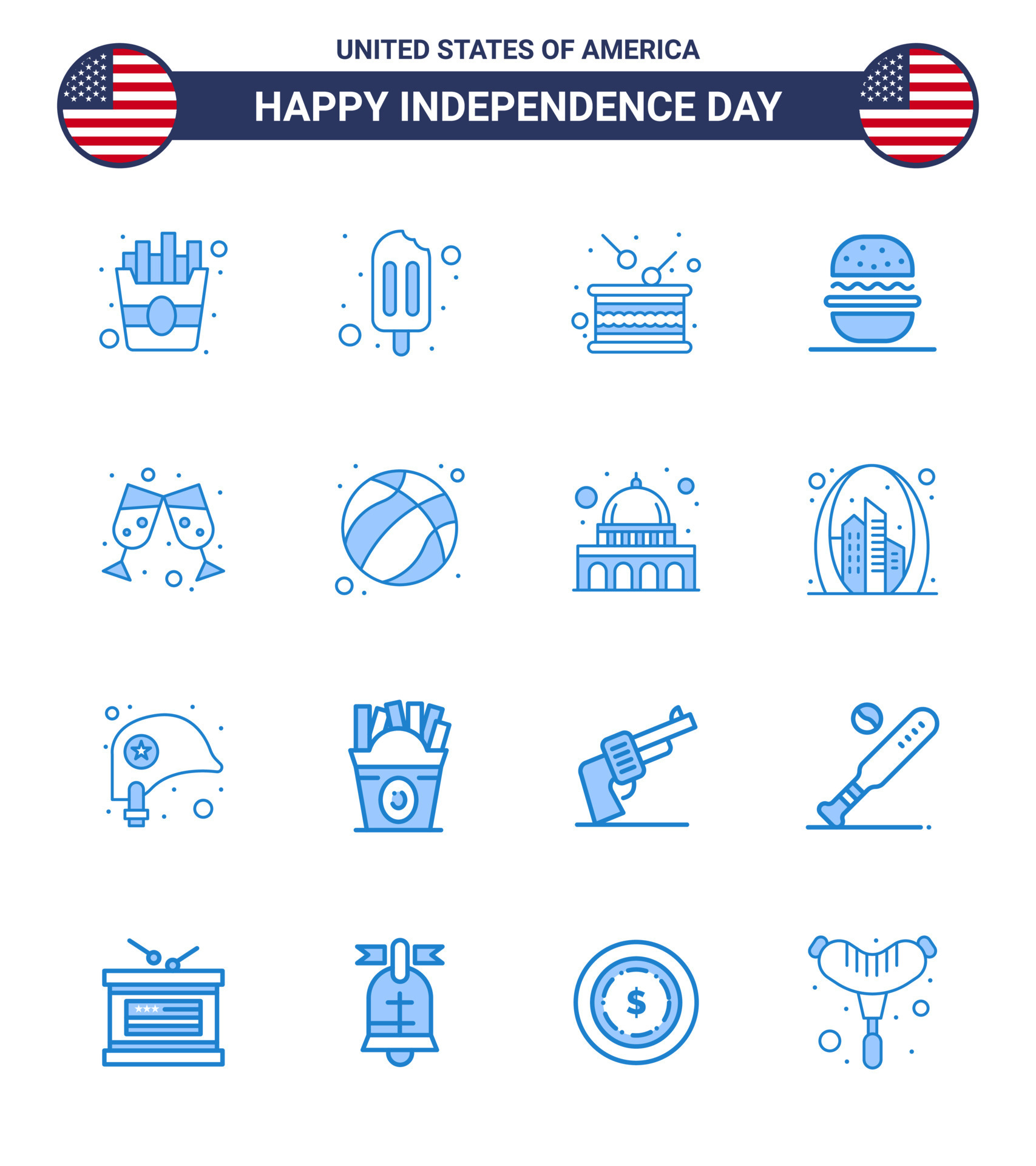 4 de julio estados unidos feliz día de la independencia icono símbolos grupo de 16 blues moderno ...