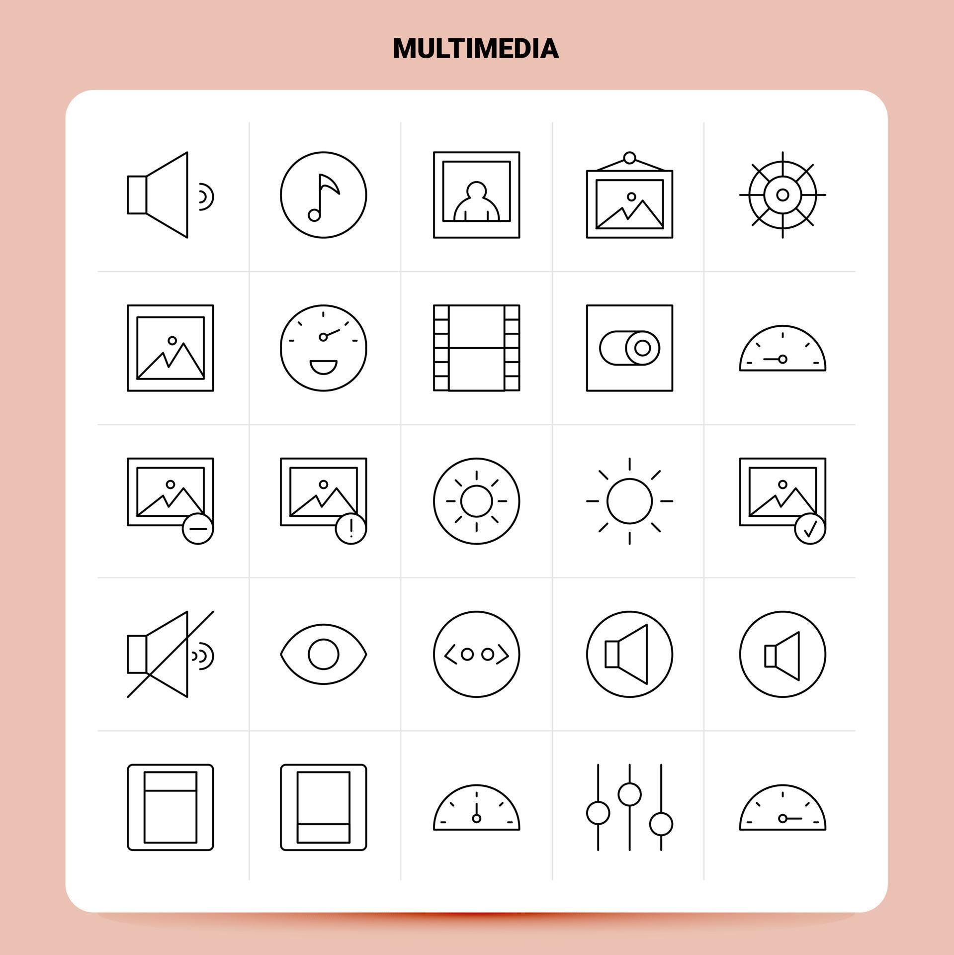 Outline 25 Multimedia Icon Set Vector Line Style Design Black Icons Set Linear Pictogram Pack