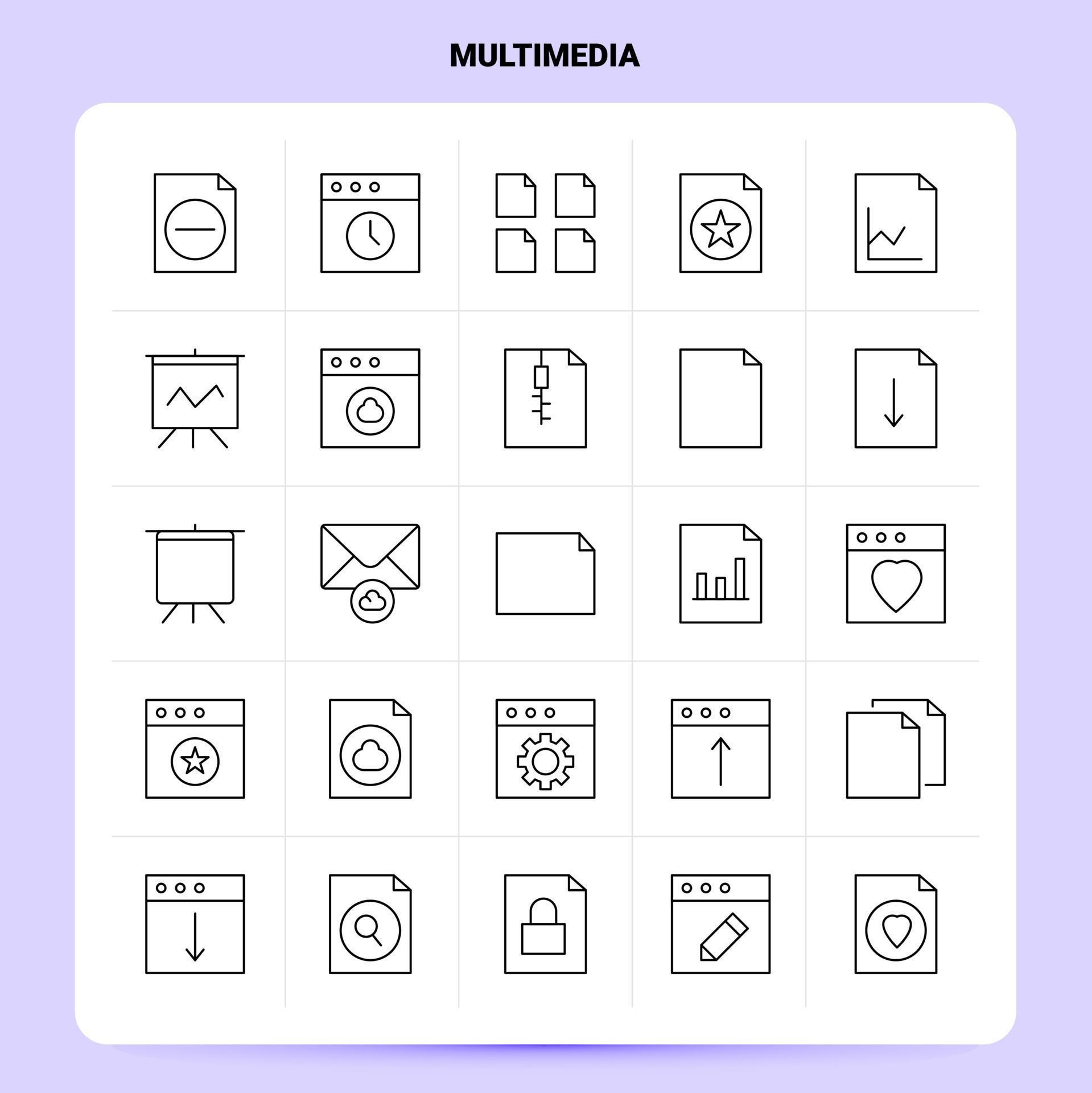 Outline 25 Multimedia Icon Set Vector Line Style Design Black Icons Set Linear Pictogram Pack