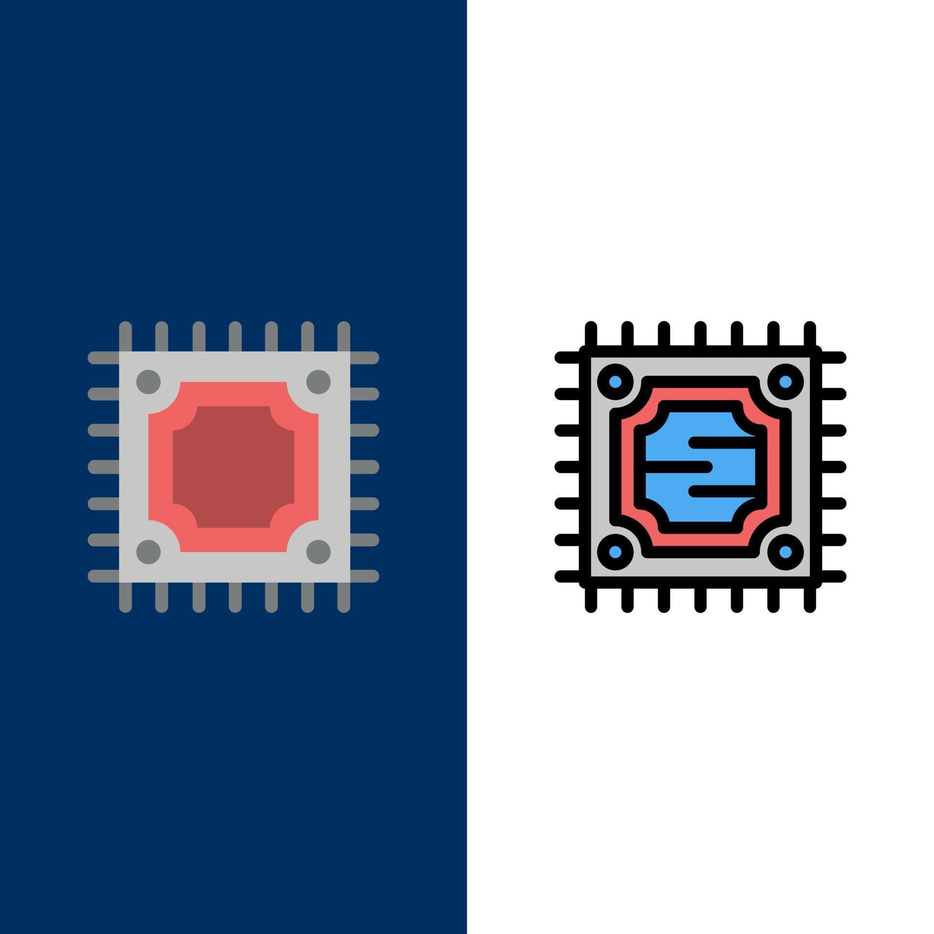Cpu Microchip Processor Icons Flat and Line Filled Icon Set Vector Blue ...