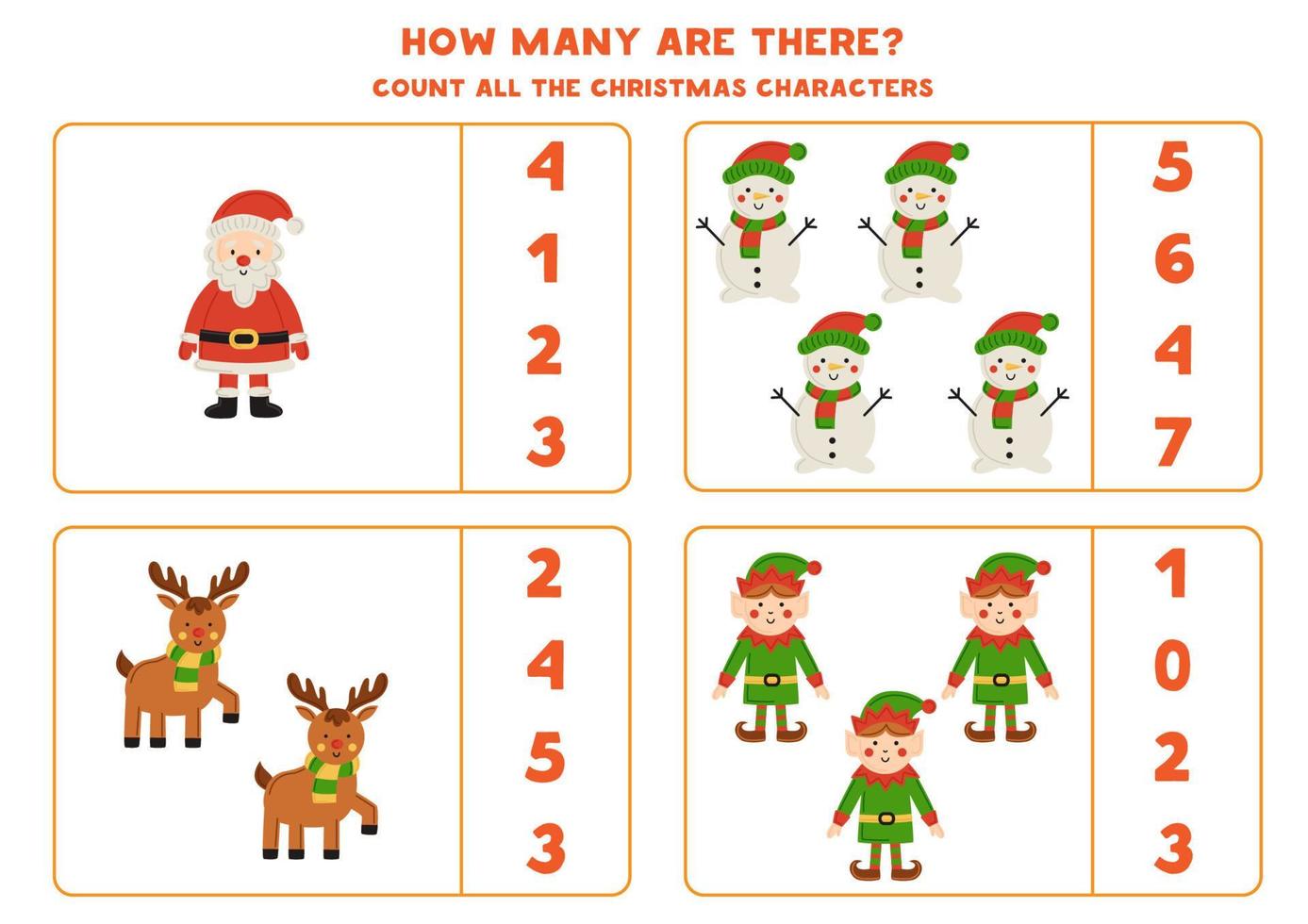 Counting game with cute Christmas characters. Educational worksheet ...