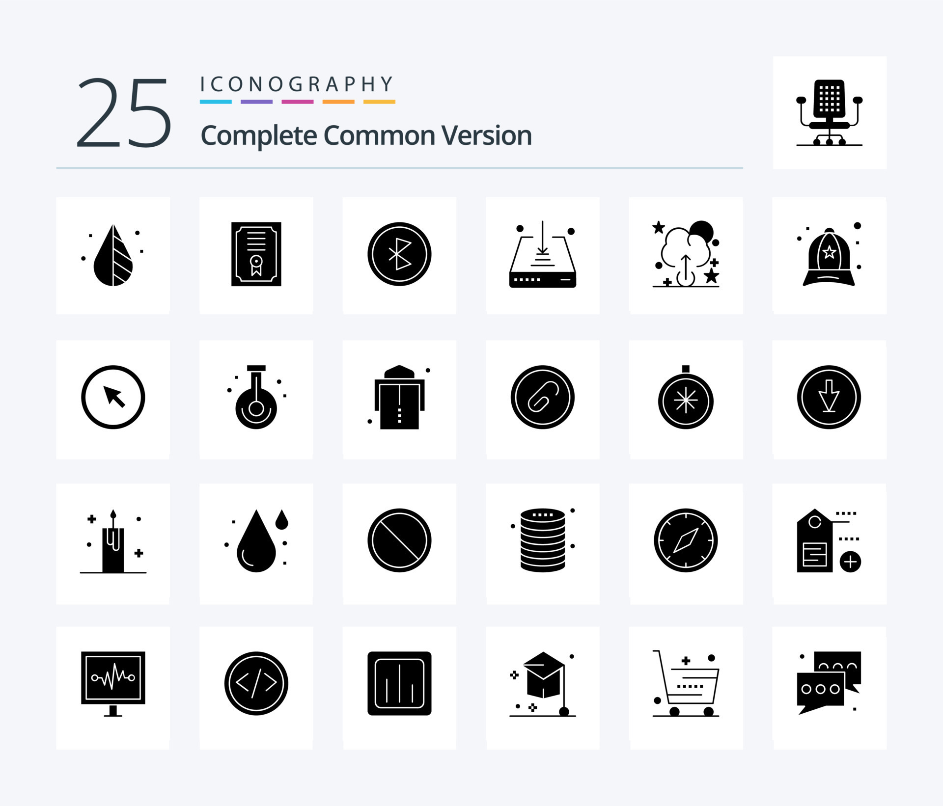 Complete Common Version 25 Solid Glyph icon pack including upload. save ...