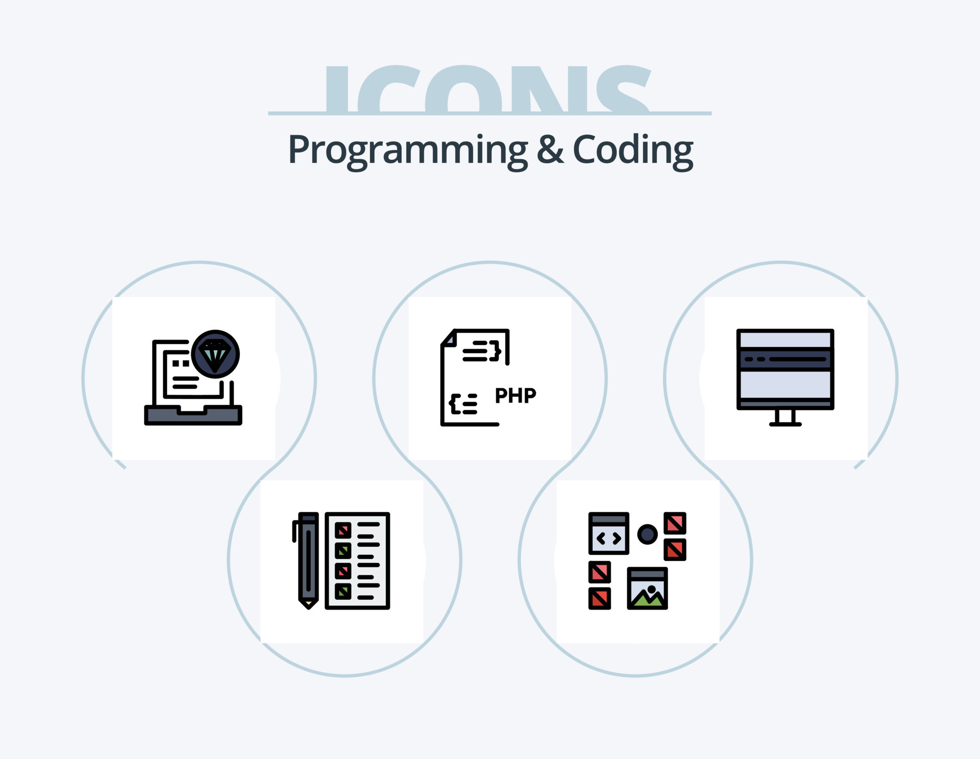 Programming And Coding Line Filled Icon Pack 5 Icon Design Develop App Document Page