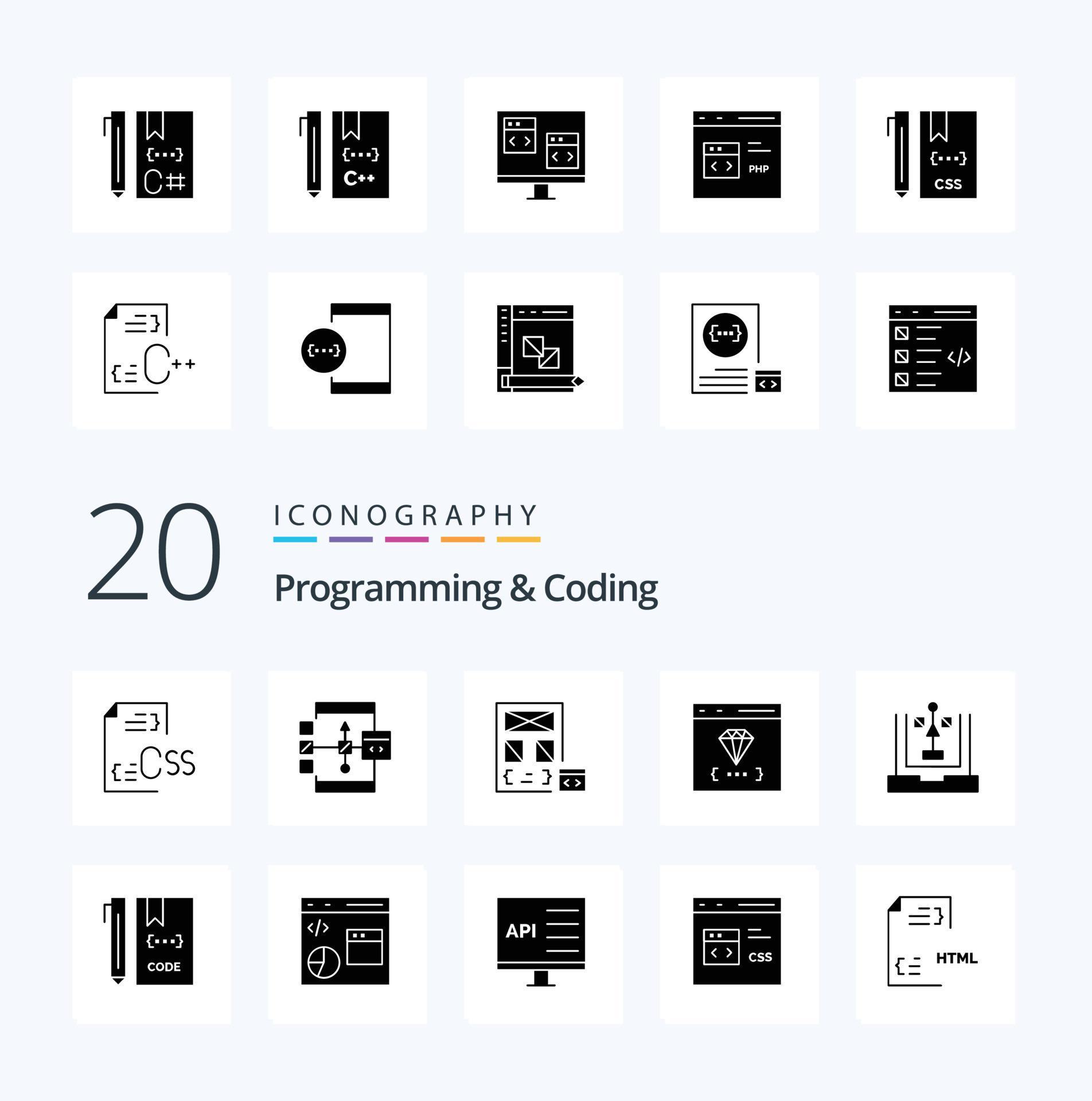 20 Programming And Coding Solid Glyph icon Pack like coding app development page develop ...