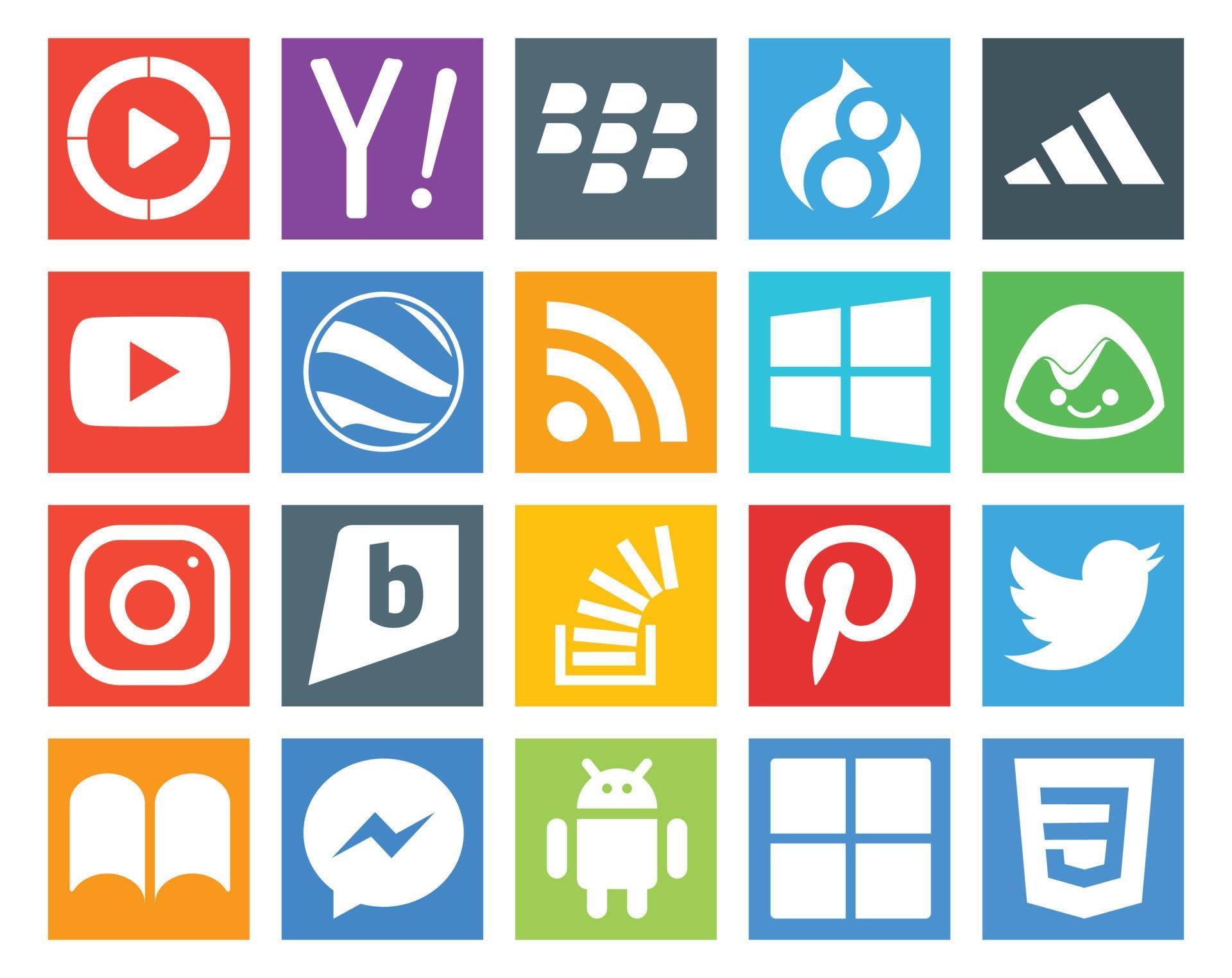 Paquete de 20 íconos de redes sociales que incluye video stockoverflow de stock brightkite ...