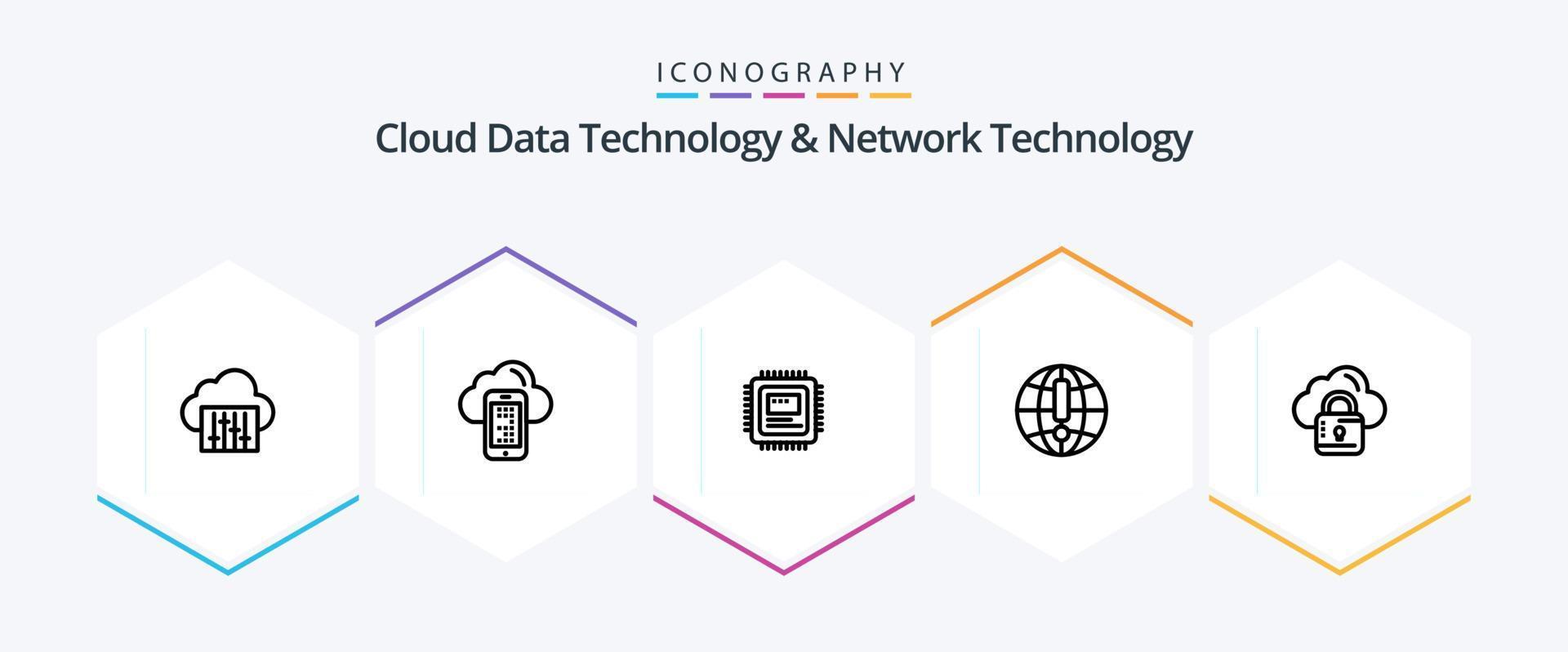 Cloud Data Technology And Network Technology 25 Line Icon Pack Including Network World Cpu