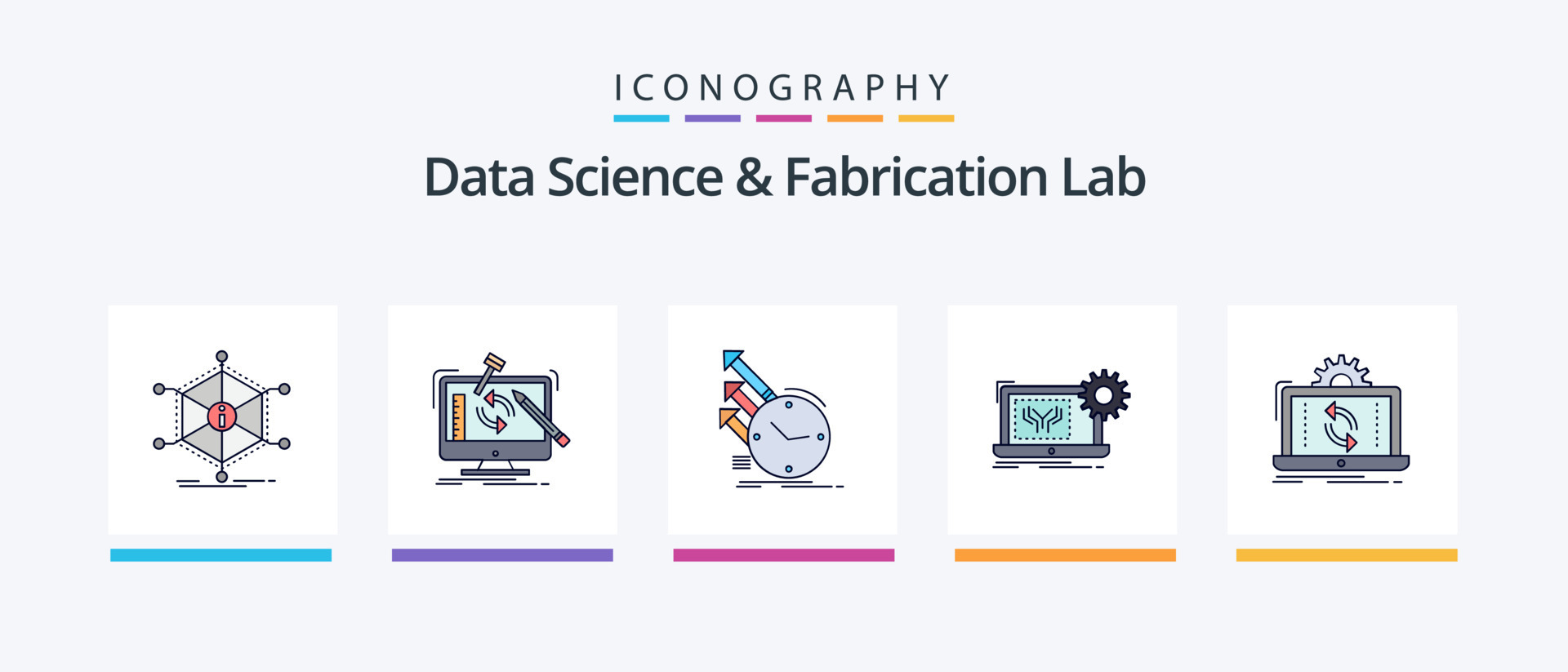 Data Science And Fabrication Lab Line Filled 5 Icon Pack Including computer. coder. model ...