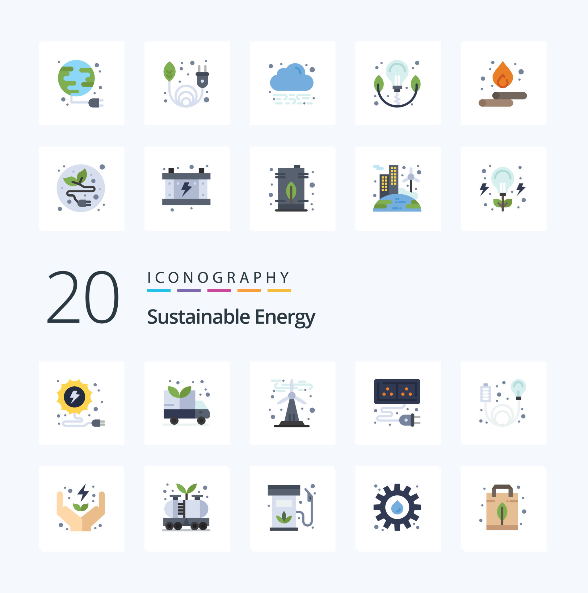 Paquete de 20 iconos de color plano de energía sostenible como elemento ... Paquete de 20 iconos de color plano de energía sostenible como elemento ...