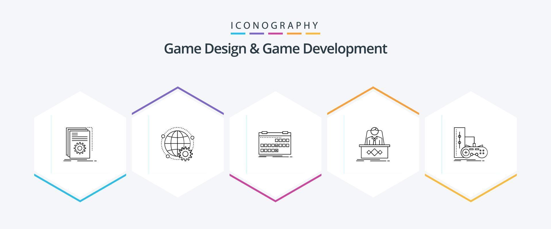 Game Design And Game Development 25 Line icon pack including legend. game. globe. schedule ...