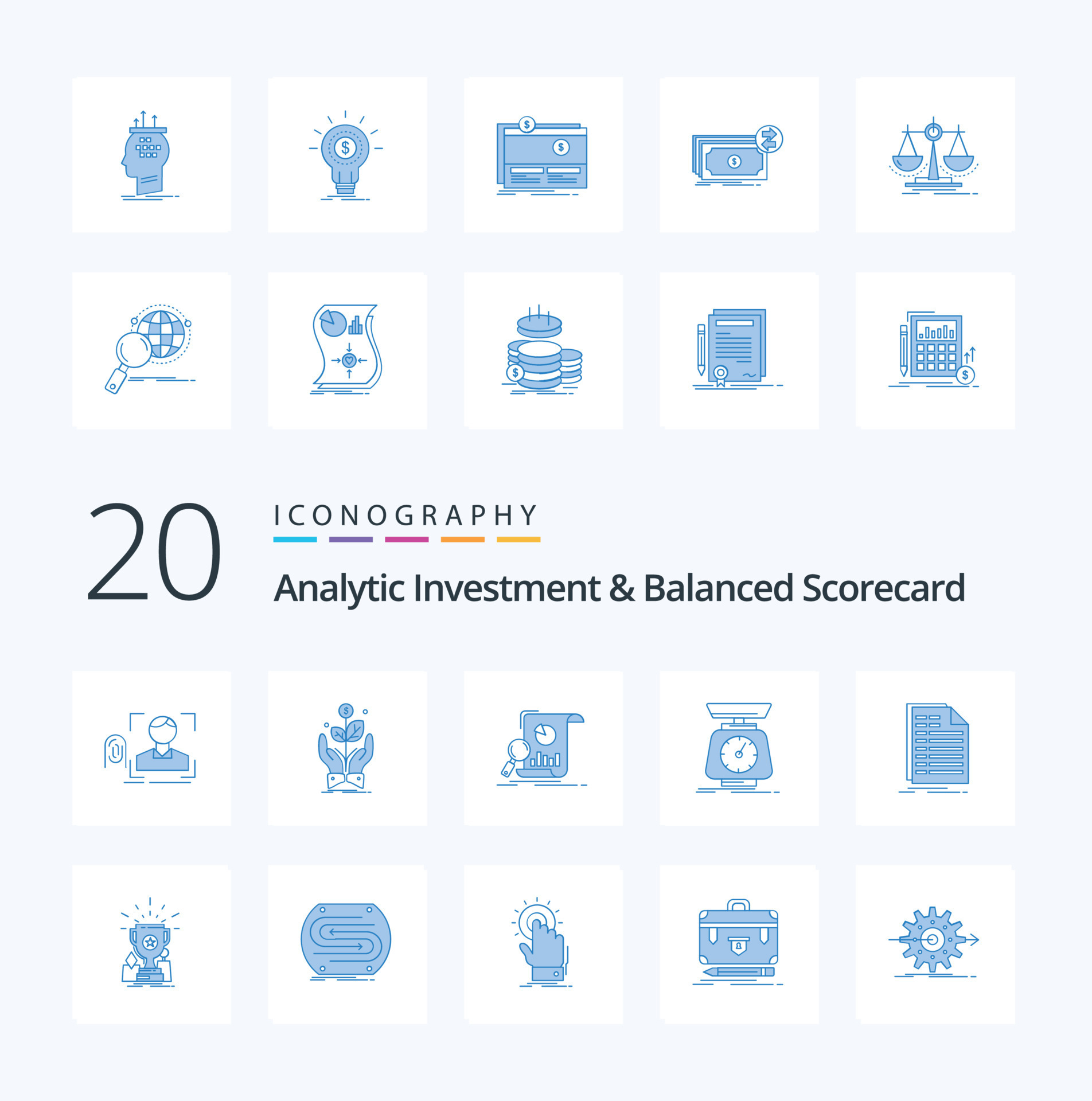 20 Analytic Investment And Balanced Scorecard Blue Color Icon Pack Like