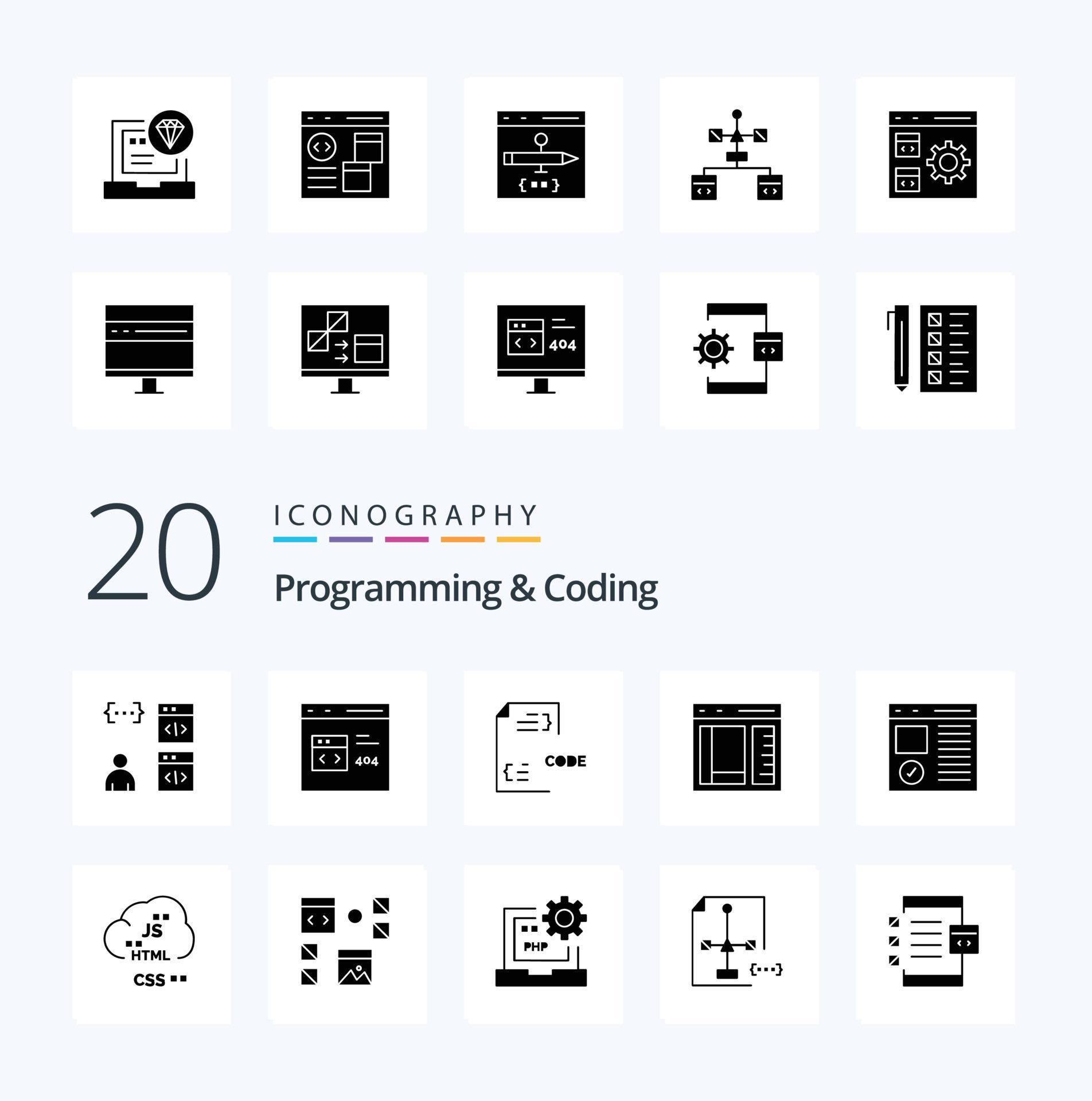 20 Programming And Coding Solid Glyph Icon Pack Like Develop Browser Develop Document Develop