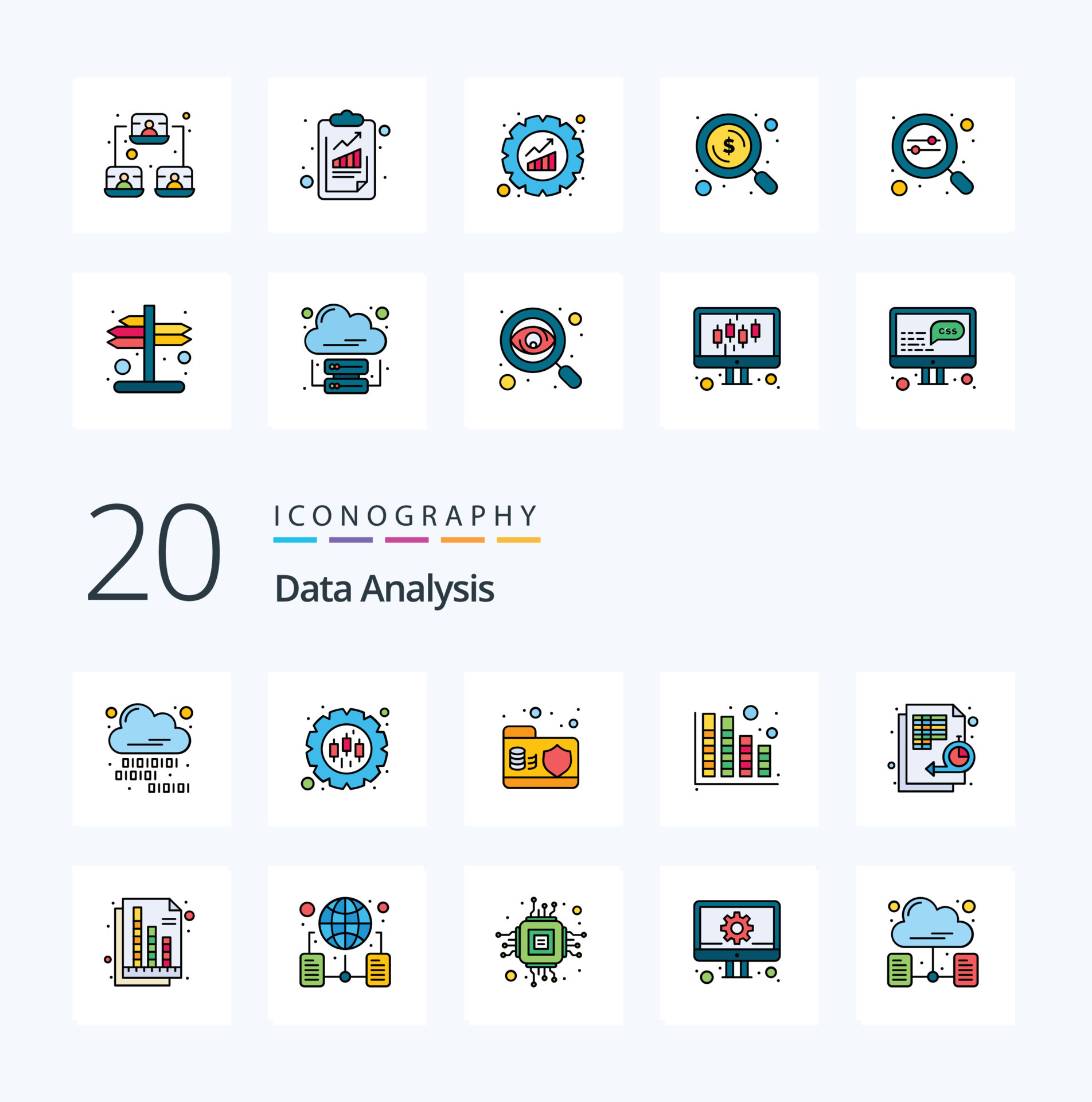 20 Data Analysis Line Filled Color icon Pack like technology digital management database server ...