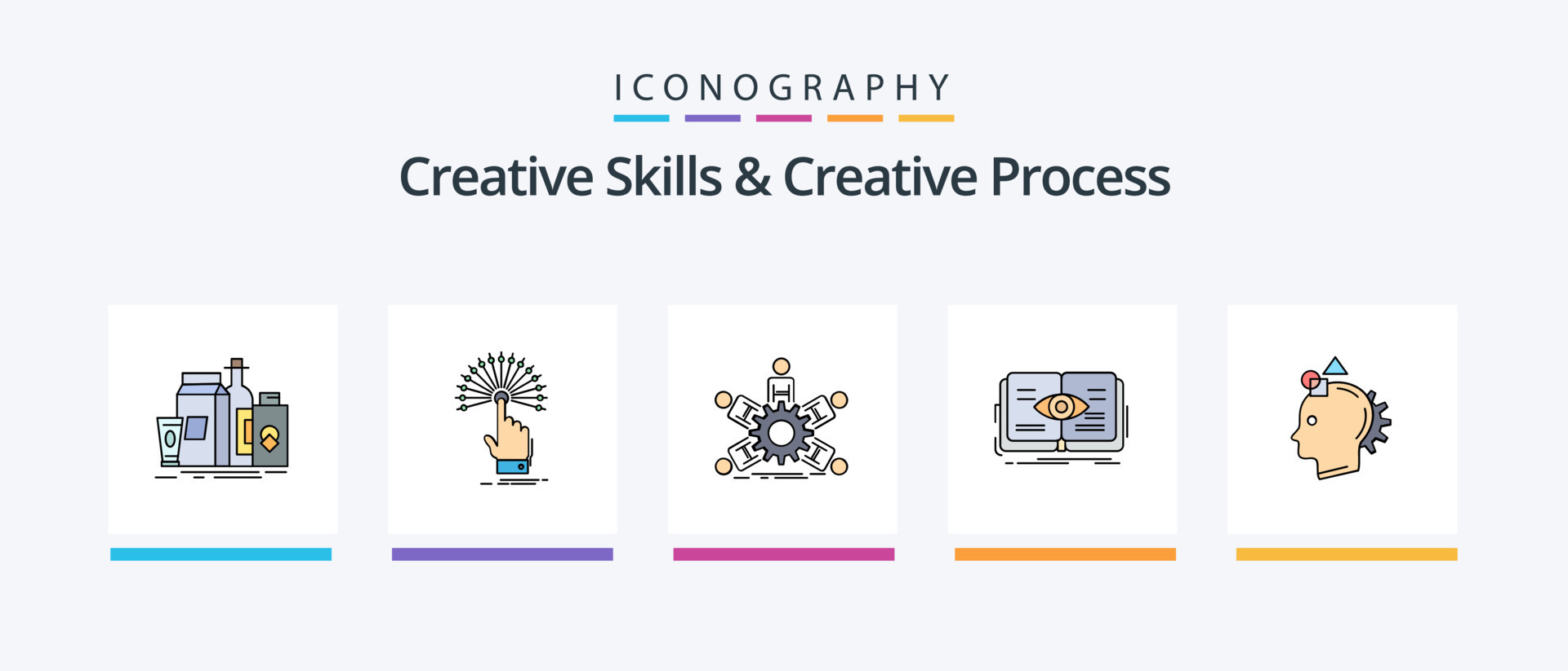Creative Skills And Creative Process Line Filled 5 Icon Pack Including file. portfolio. lamp ...