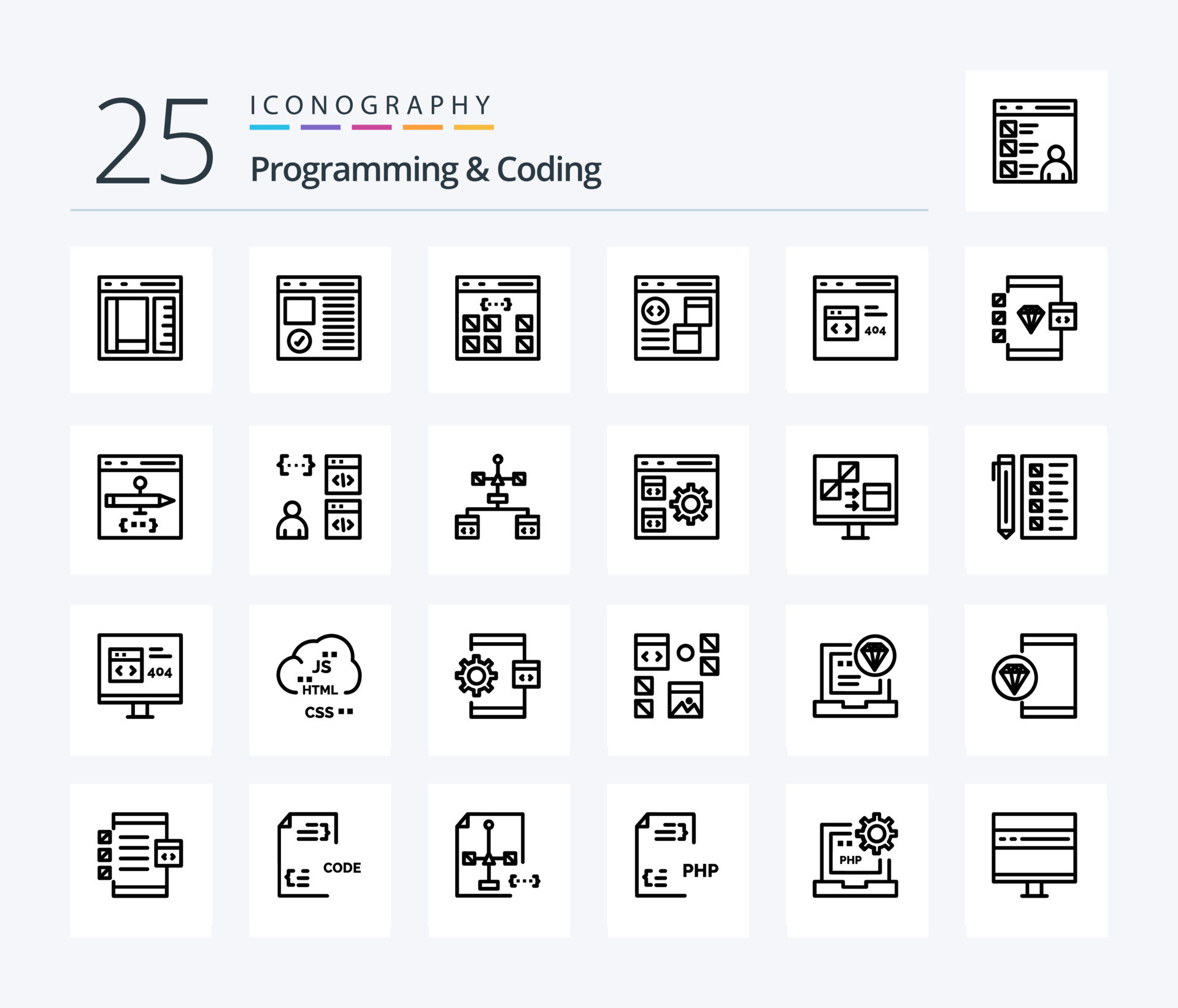 paquete de iconos de 25 líneas de programación y codificación que ...
