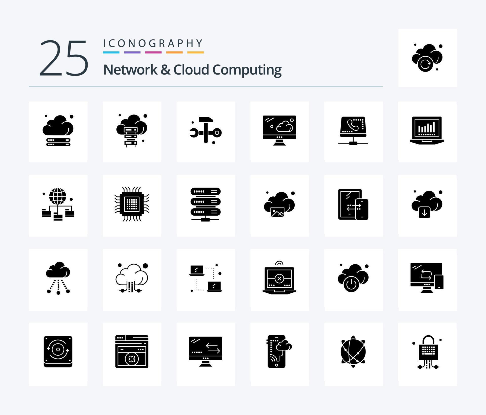 Network And Cloud Computing 25 Solid Glyph icon pack including computing. computing. cloud ...