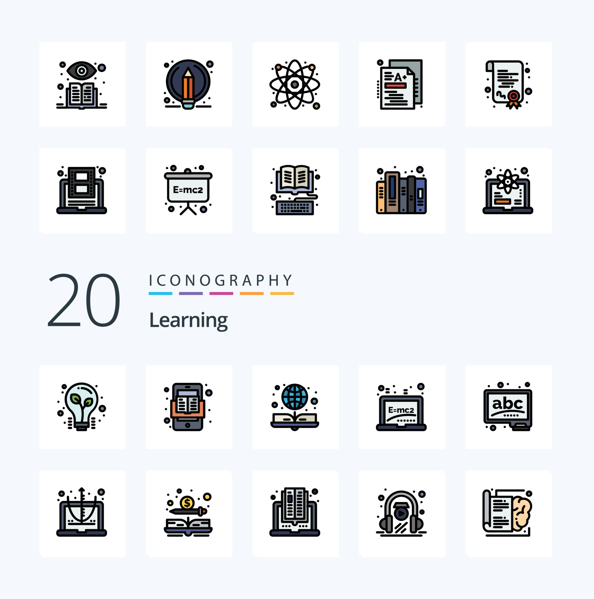 20 Learning Line Filled Color icon Pack like board formula book ... 20 Learning Line Filled Color icon Pack like board formula book ...