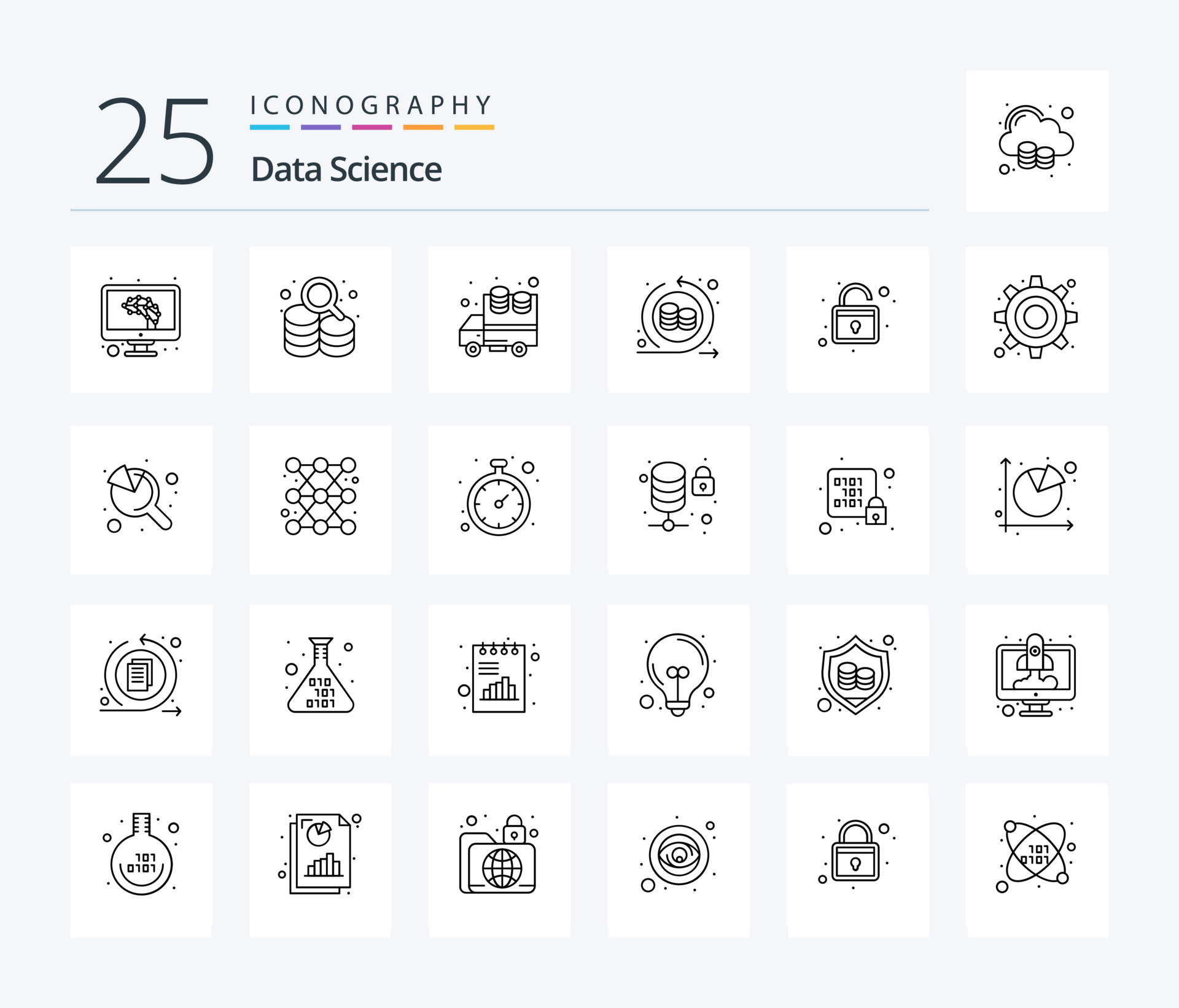 Data Science 25 Line icon pack including unlock. locker. big data. data ...