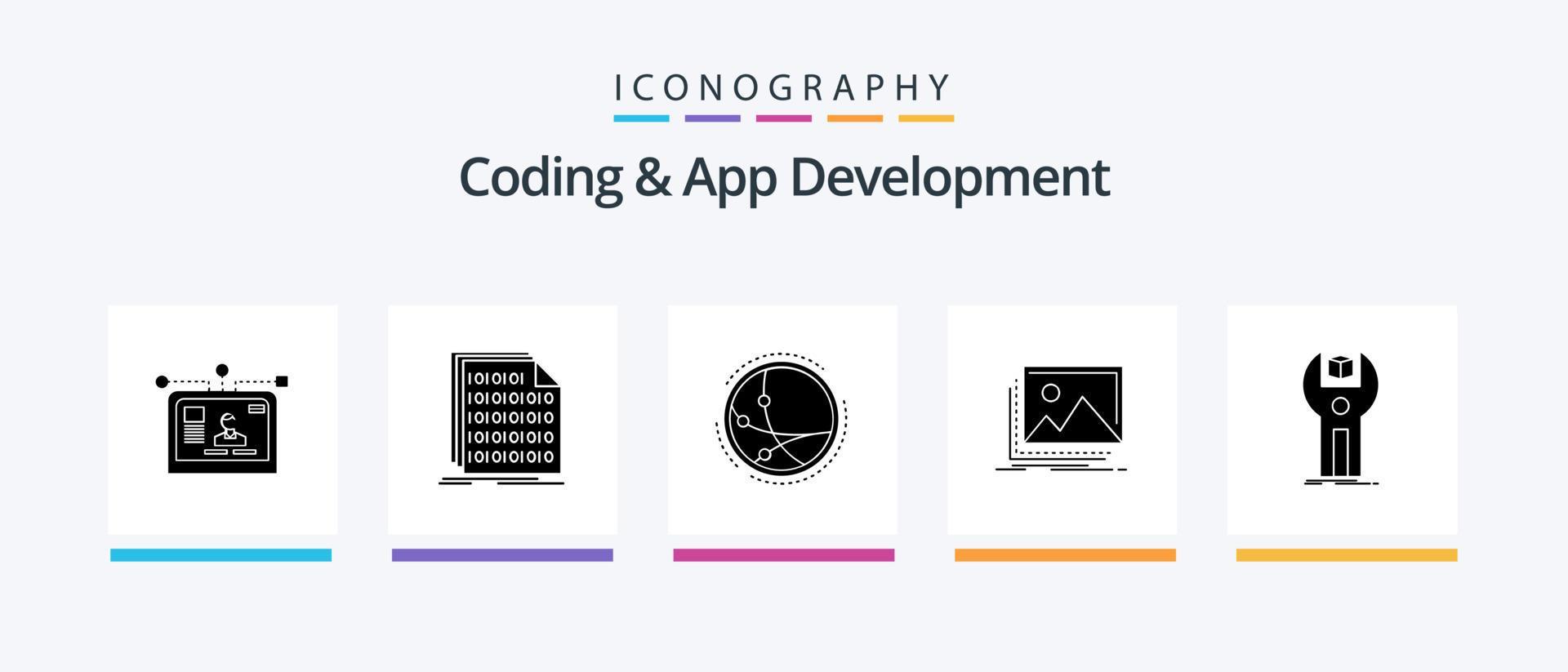 Coding And App Development Glyph 5 Icon Pack Including Landscape Gallery Data Network
