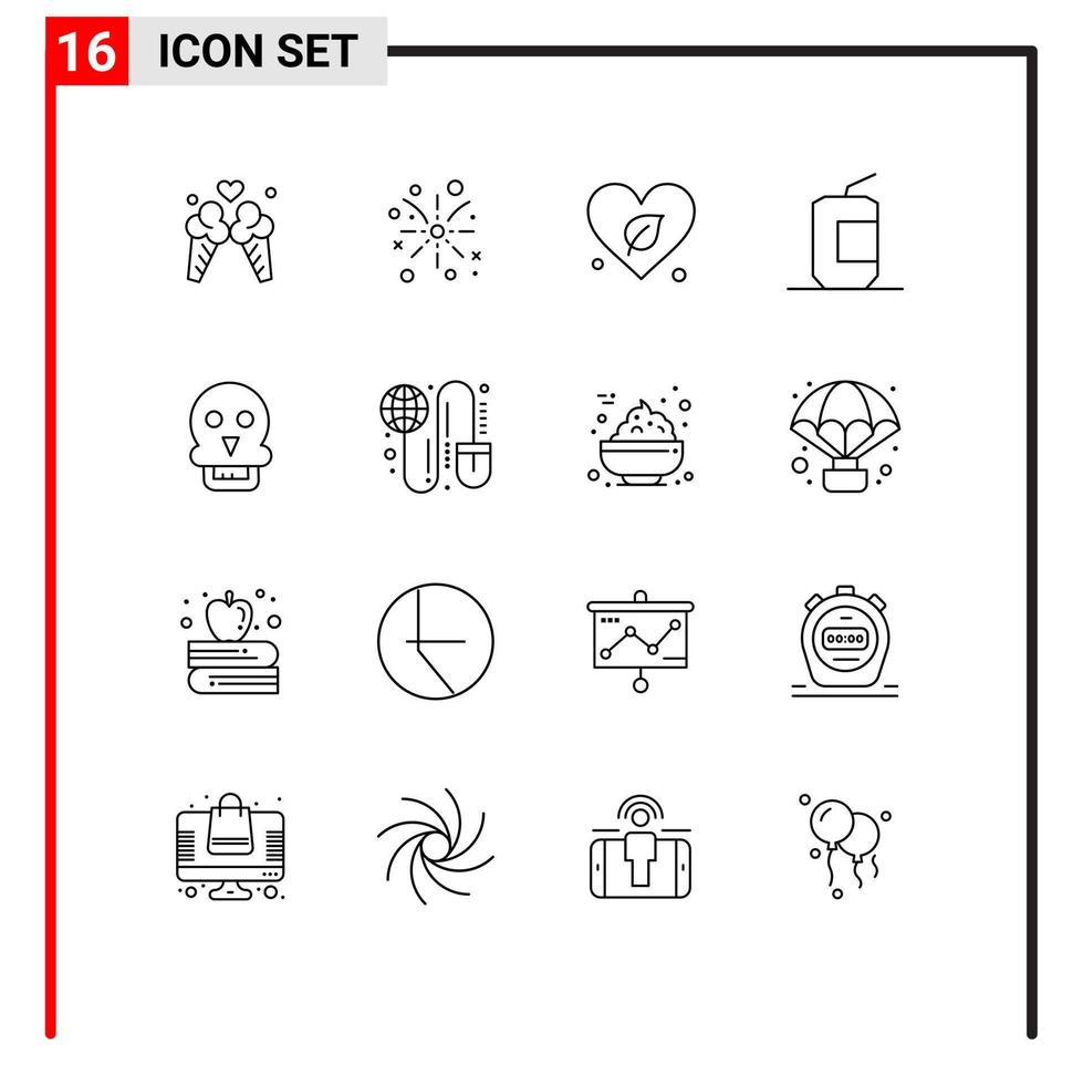 User Interface Pack Of 16 Basic Outlines Of Skull Fast Food Heart Drink Coca Editable Vector