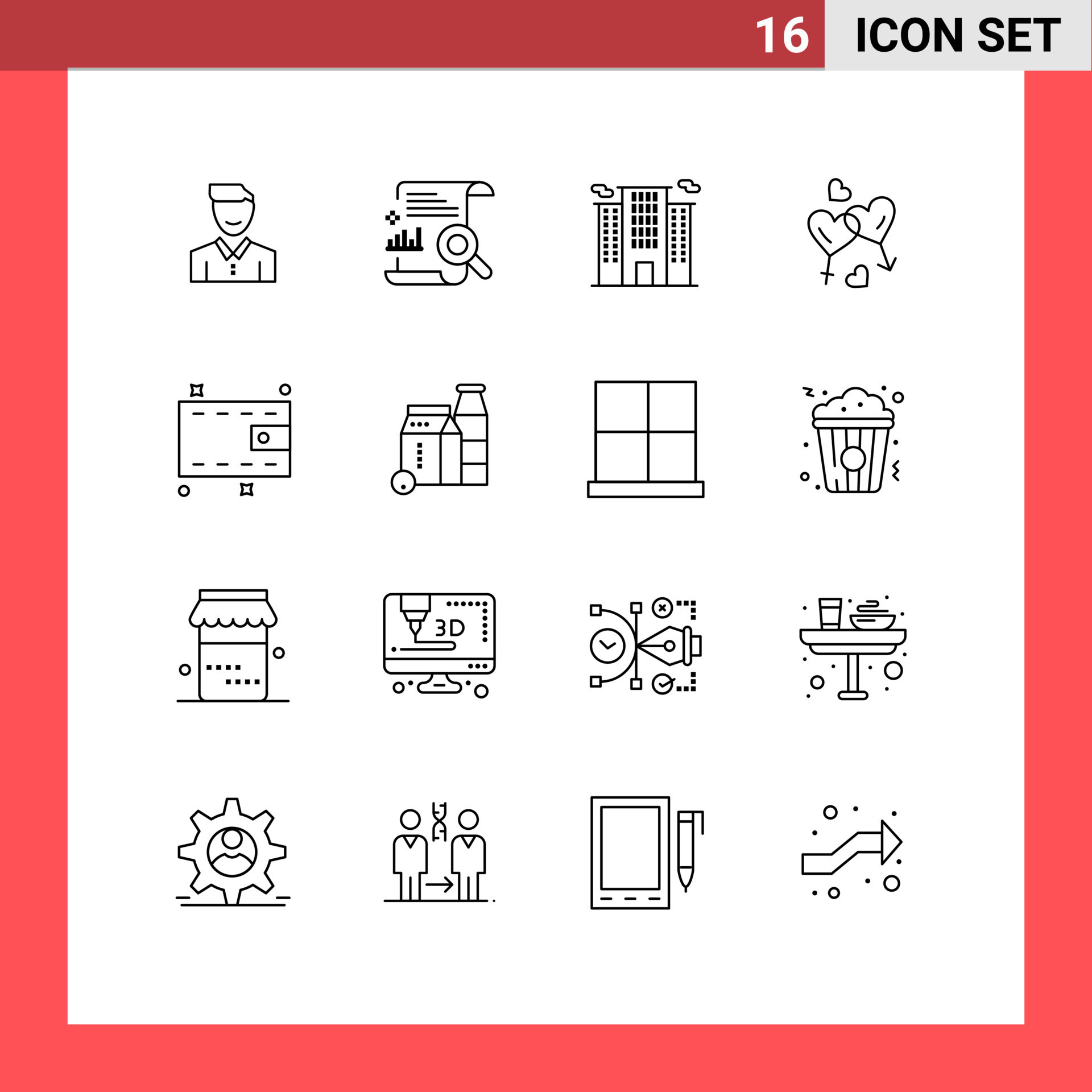 Set Of 16 Vector Outlines On Grid For Man Work Content Place Building Editable Vector Design