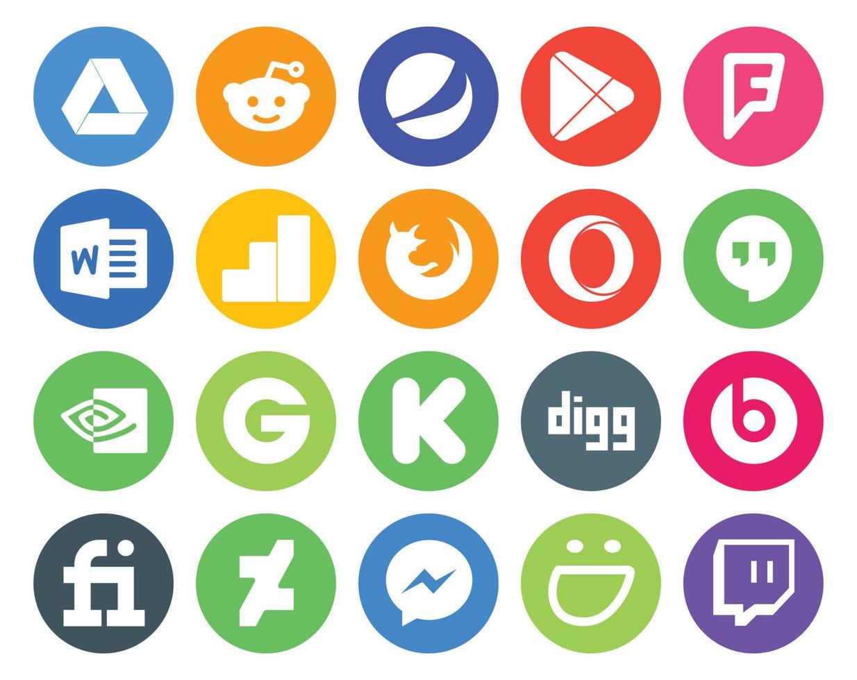 Paquete de 20 íconos de redes sociales que incluye fiverr digg firefox kickstarter nvidia ...