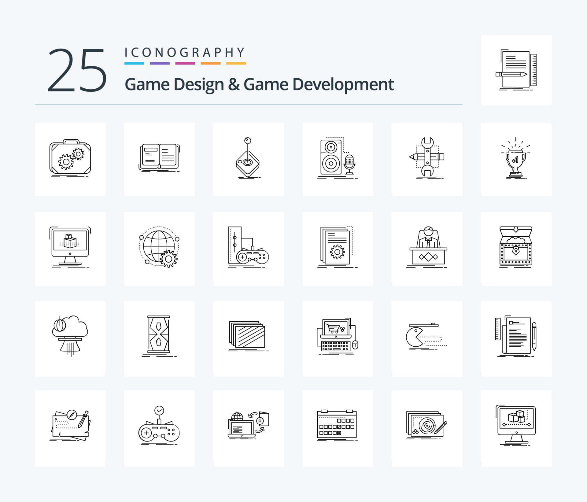 Game Design And Game Development 25 Line icon pack including microphone ... Game Design And Game Development 25 Line icon pack including microphone ...