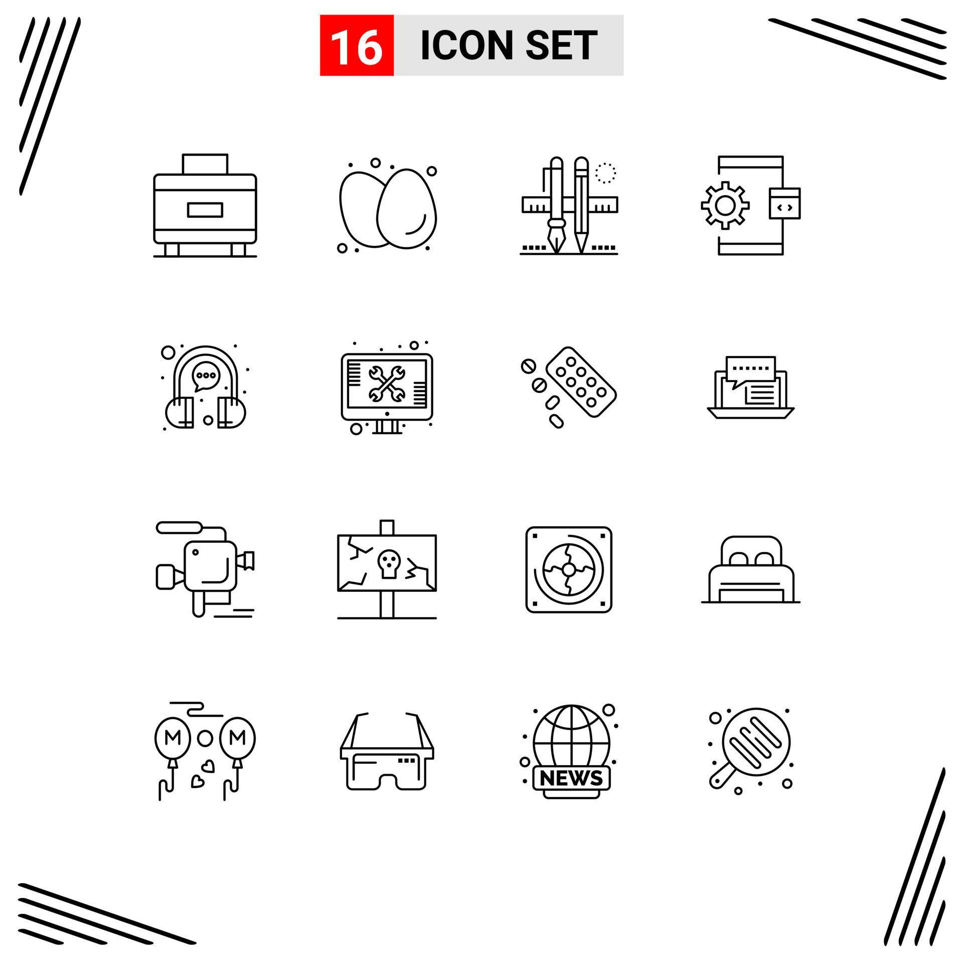 16 Thematic Vector Outlines And Editable Symbols Of Process Develop Stationary Coding Drawing