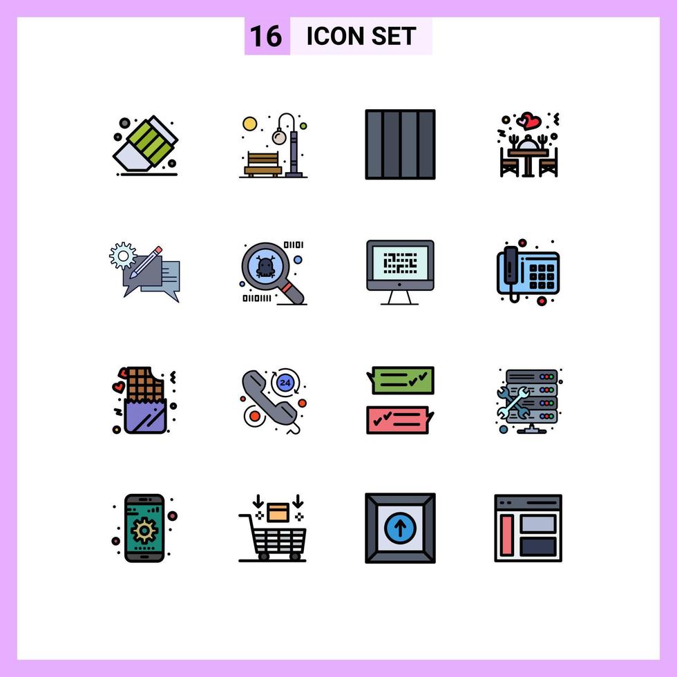 16 Universal Flat Color Filled Line Signs Symbols Of Setting Communication Grid Chat Restaurant