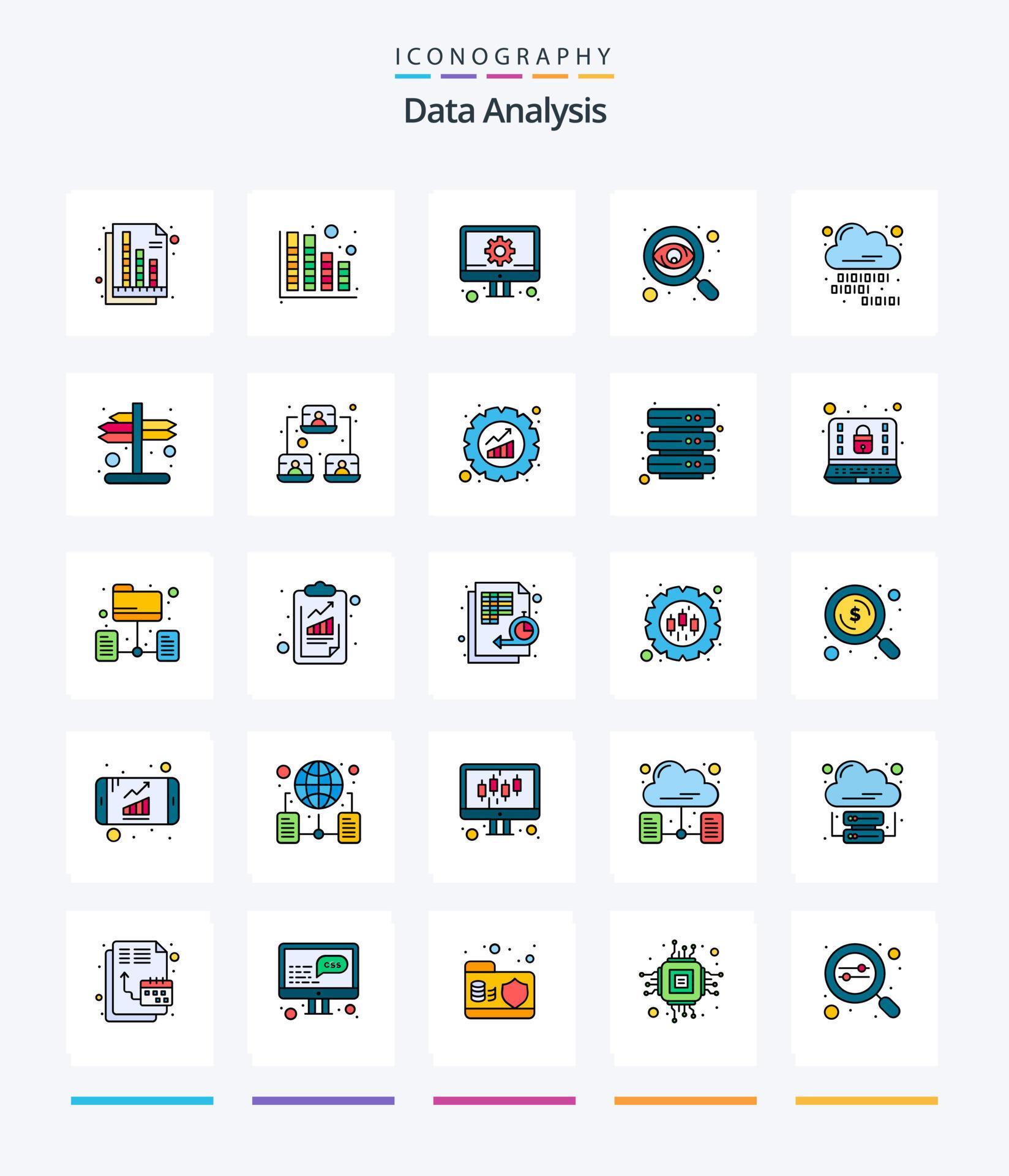 Creative Data Analysis 25 Line FIlled icon pack Such As cloud coding. report. develop ...