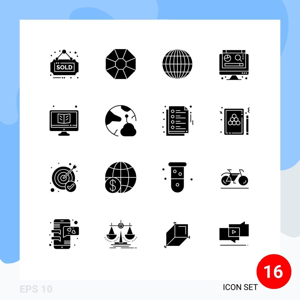 Modern Set of 16 Solid Glyphs and symbols such as monitor study globe ...